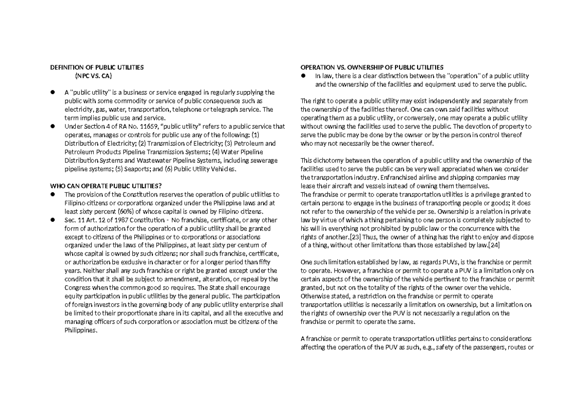 Definition OF Public Utilities - DEFINITION OF PUBLIC UTILITIES (NPC VS ...
