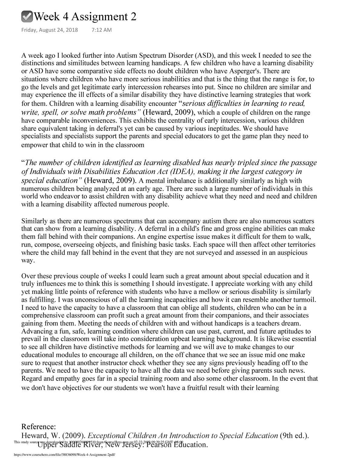 EDUC 4004 Week 4 Assignment 2 - A week ago I looked further into Autism Spectrum Disorder (ASD ...