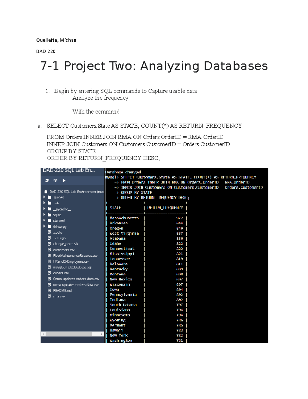 7-1 Project Ouellette - essay for com126 - Ouellette, Michael DAD 220 7-1 Project Two: Analyzing ...