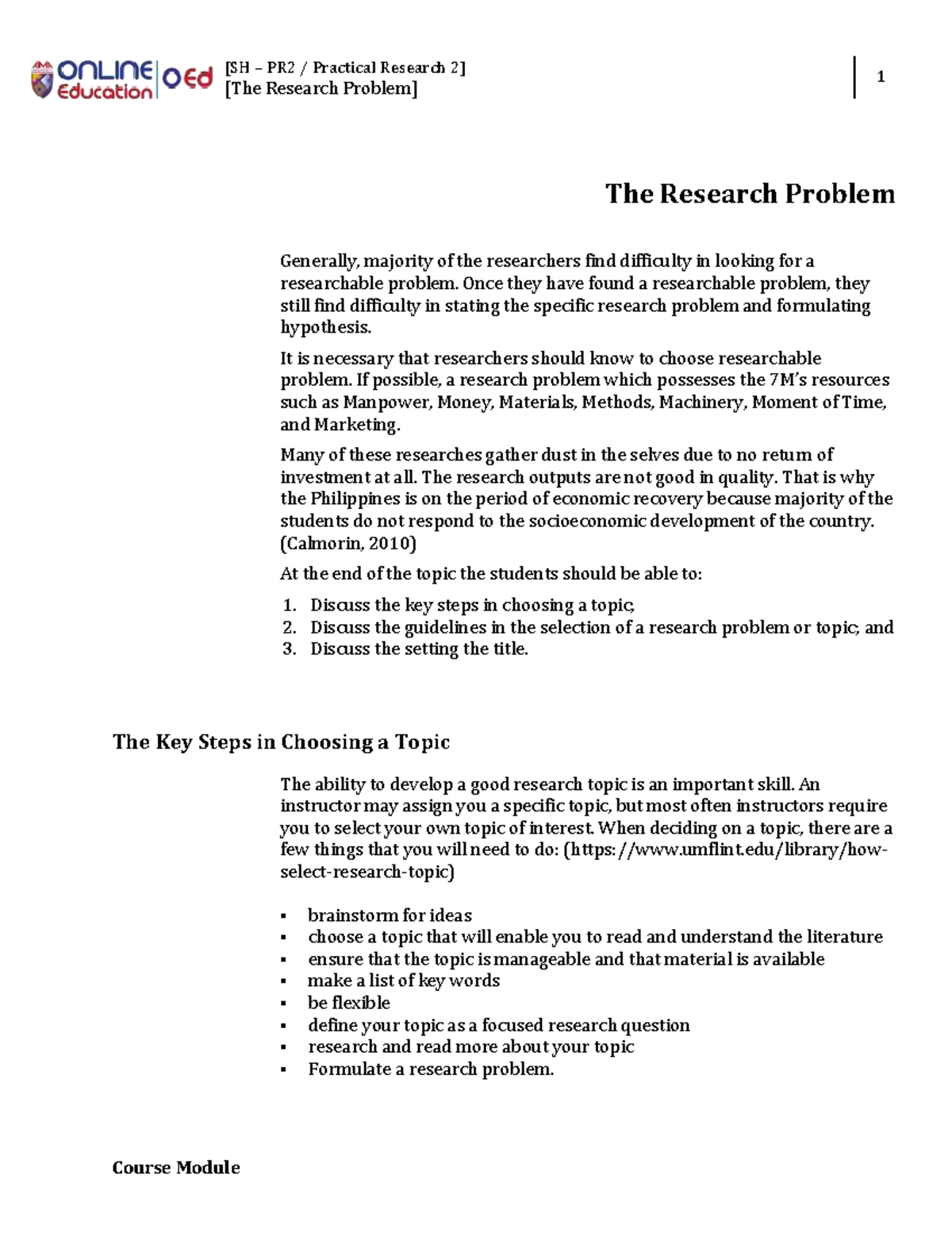 Week 004 Module The Research Problem - [SH – PR2 / Practical Research 2] [The Research Problem ...
