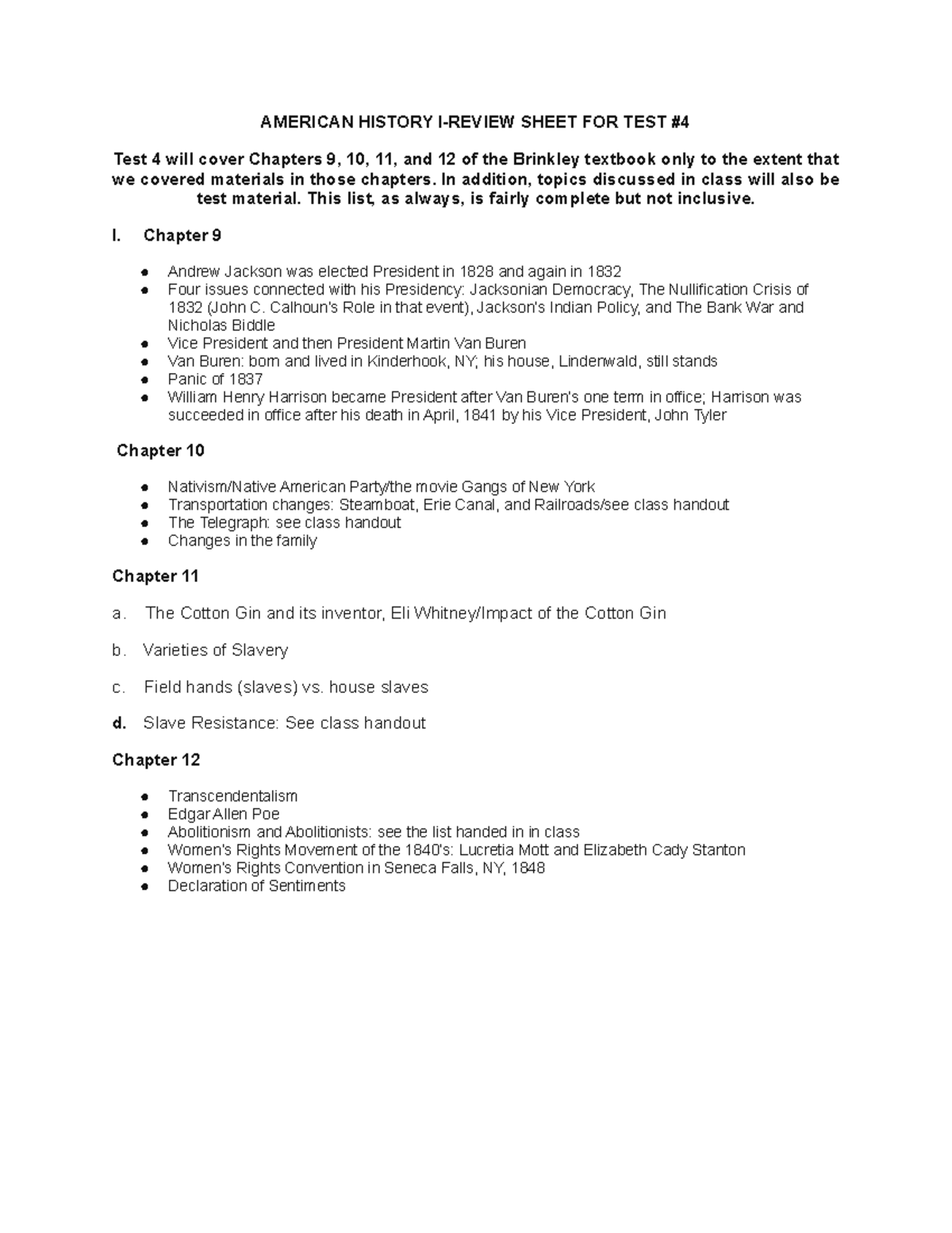 Test 4 Review Sheet - AMERICAN HISTORY SHEET FOR TEST Test 4 will cover ...