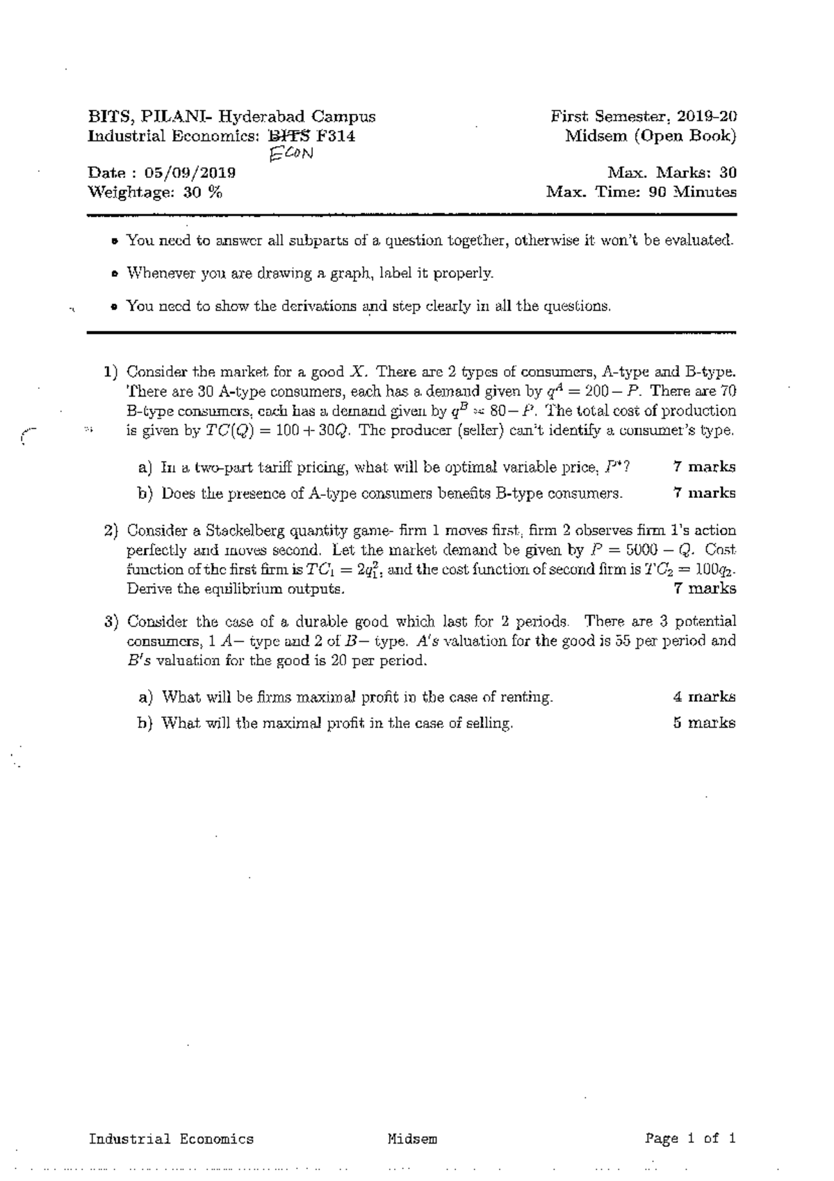 Mid Semester Question Paper - Maths - Studocu