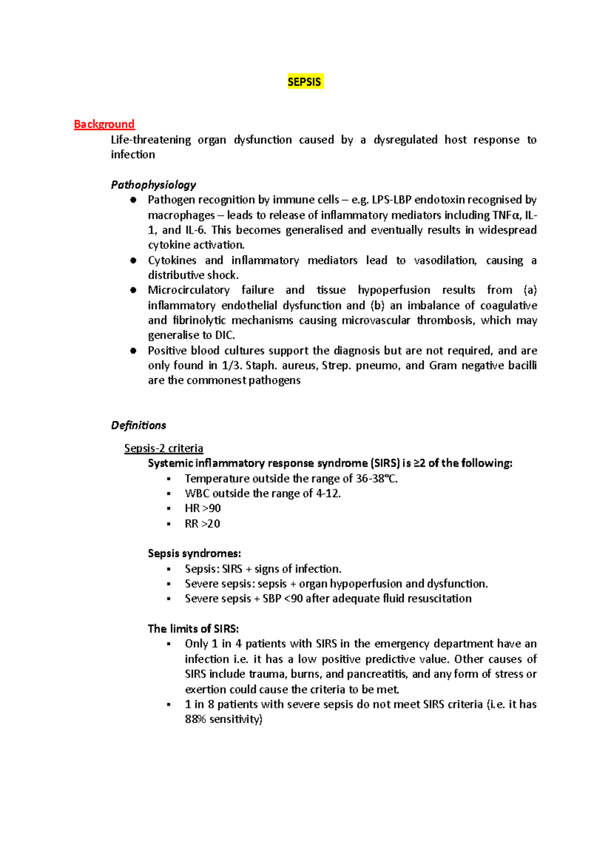 Sepsis - Lecture notes 7 - SEPSIS Background Life-threatening organ ...