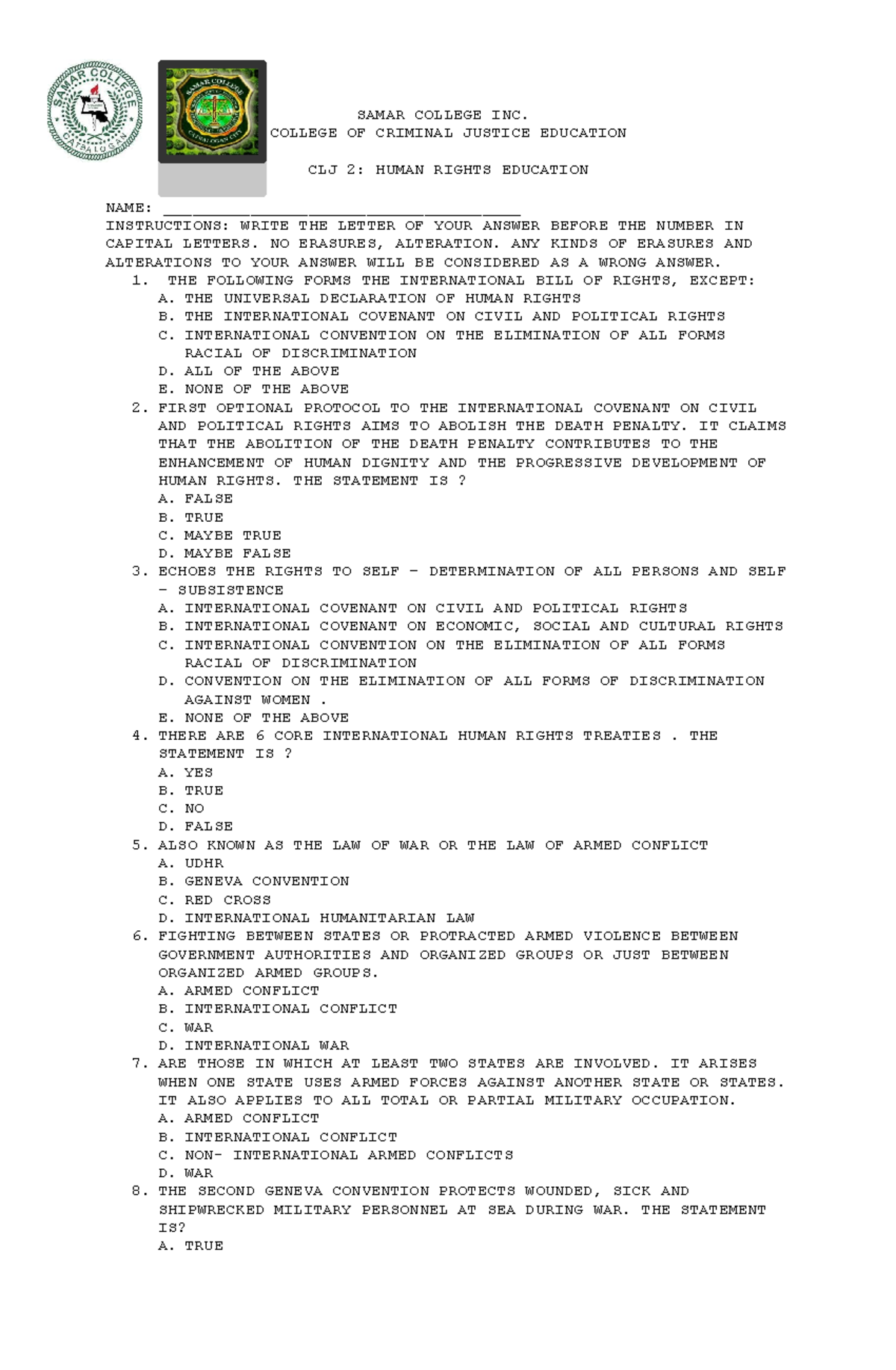 PRE Finals SET A - SGDRH - SAMAR COLLEGE INC. COLLEGE OF CRIMINAL ...