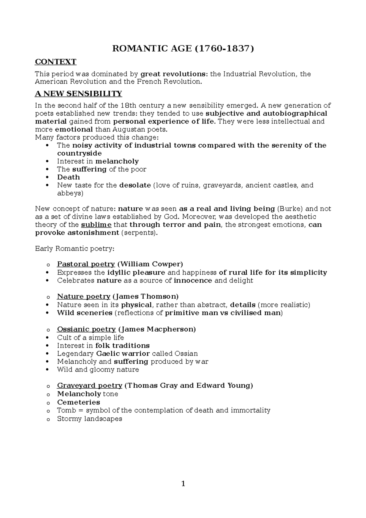 Romantic AGE - riassunto schematico - ROMANTIC AGE (1760-1837) CONTEXT This period was dominated ...