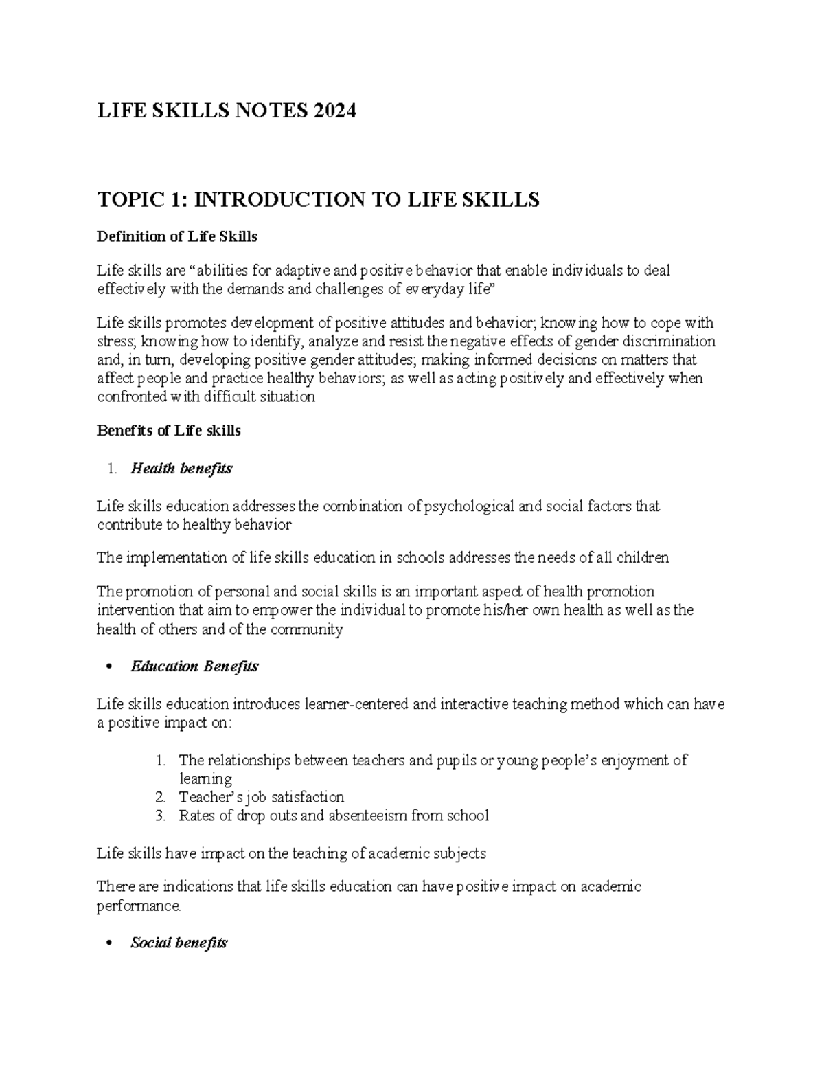 LIFE Skills KNEC Notes 2024 - LIFE SKILLS NOTES 2024 TOPIC 1 ...