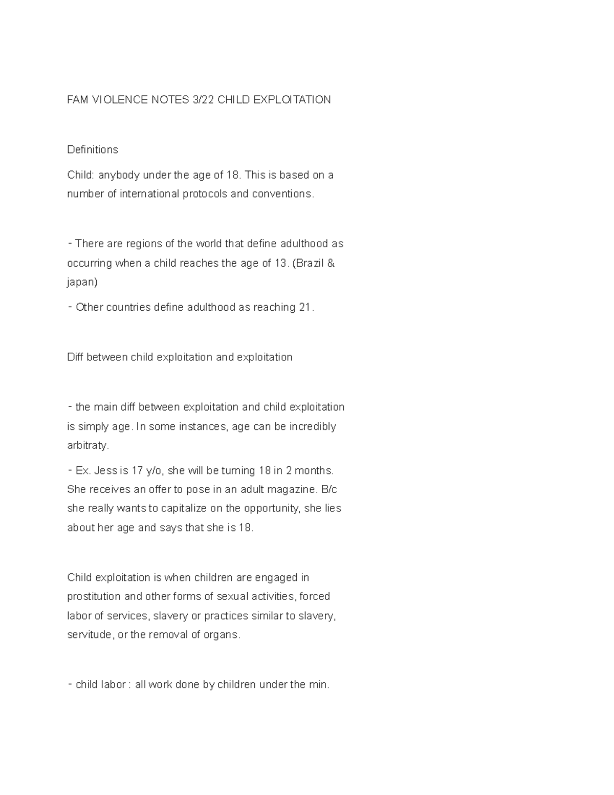 3 22 Child Exploitation - FAM VIOLENCE NOTES 3/22 CHILD EXPLOITATION ...