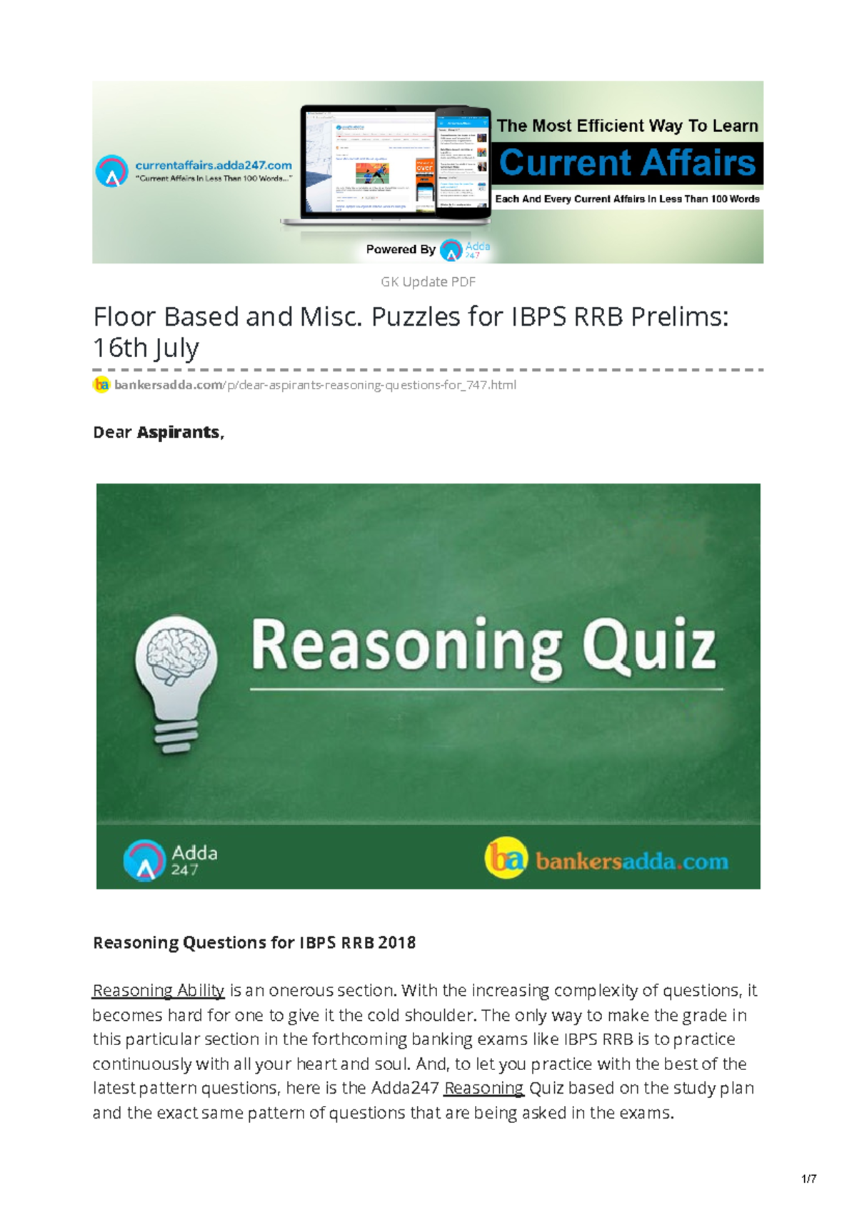 Bankersadda - project related - GK Update PDF Floor Based and Misc. Puzzles for IBPS RRB Prelims ...