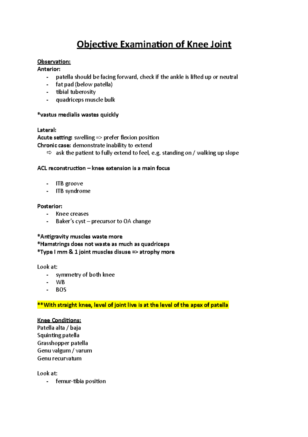 MSK revision (Knee) - Summary Musculoskeletal Physiotherapy I ...
