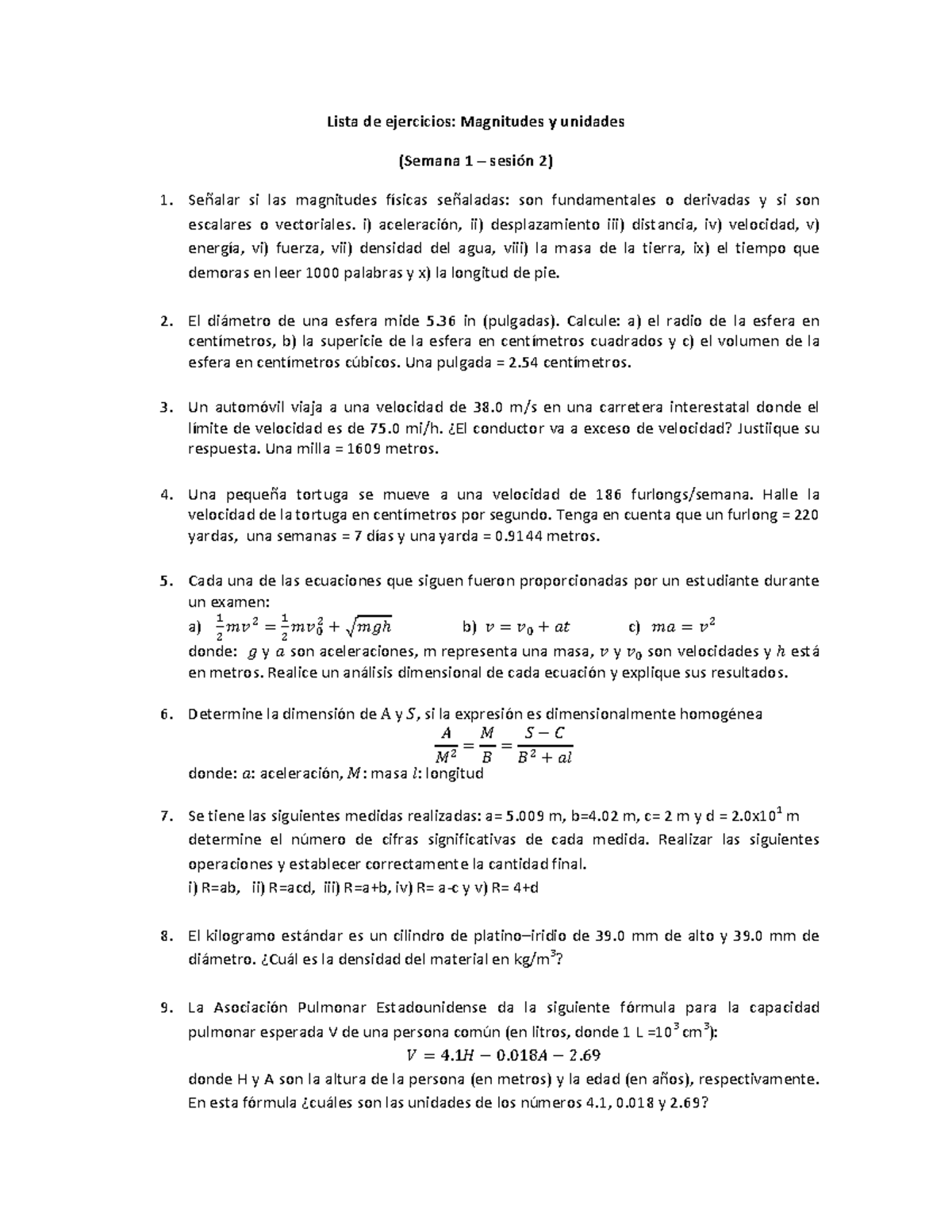 S01. s2 - Resolver ejercicios - Lista de ejercicios: Magnitudes y unidades (Semana 1 – sesión 2 ...
