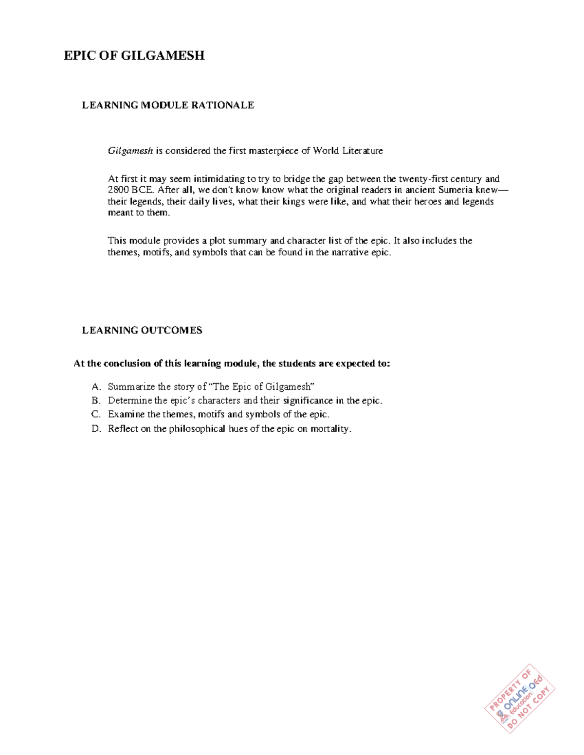 W2 - Lesson 2. The Epic of Gilgamesh - Module - EPIC OF GILGAMESH ...