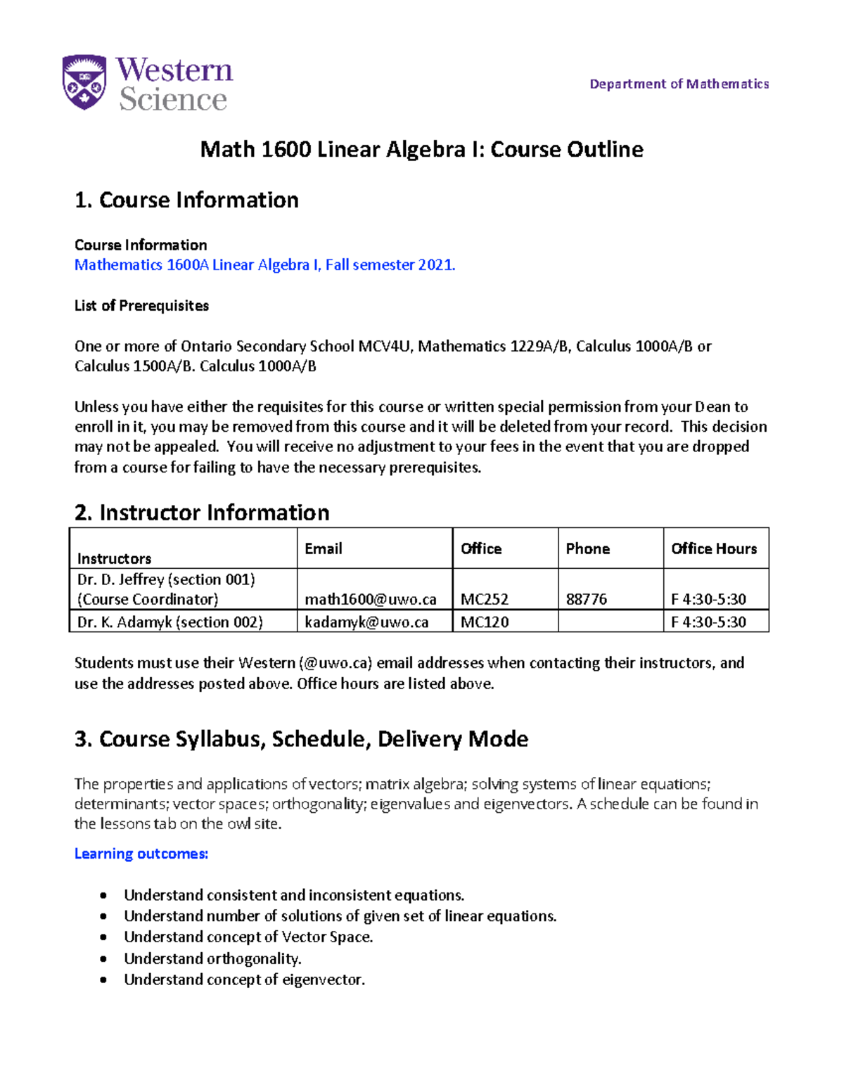 Linear Algebra 1 - Course Outline - Fall 2021 - Department of ...
