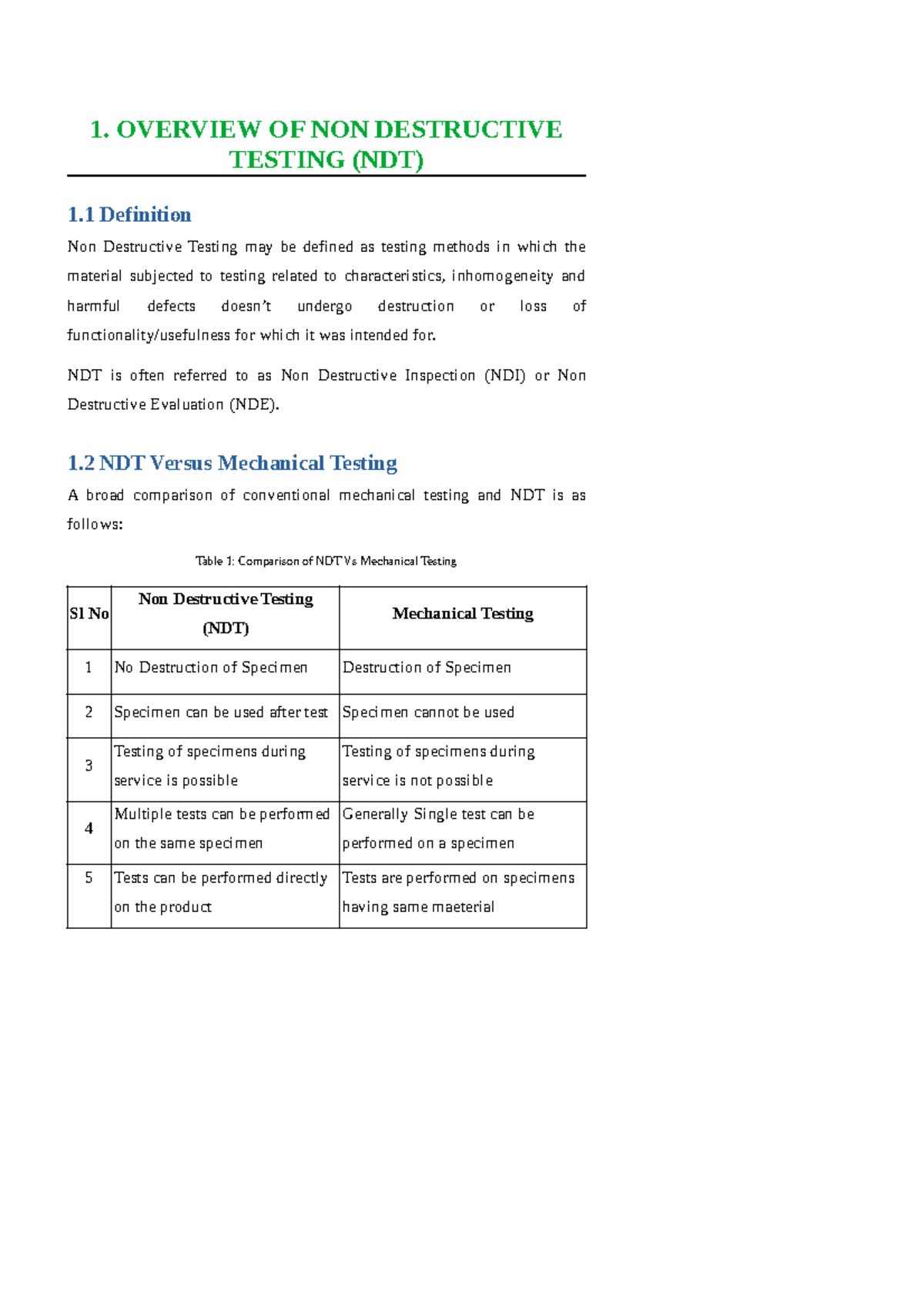 Module 1 - 1. OVERVIEW OF NON DESTRUCTIVE TESTING (NDT) 1 Definition ...