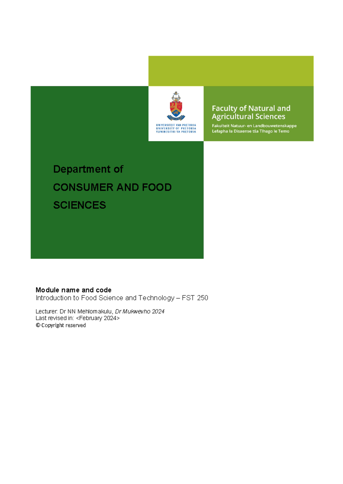 Study Guide FST 250 2024(2) (1) - Module name and code Introduction to Food Science and ...