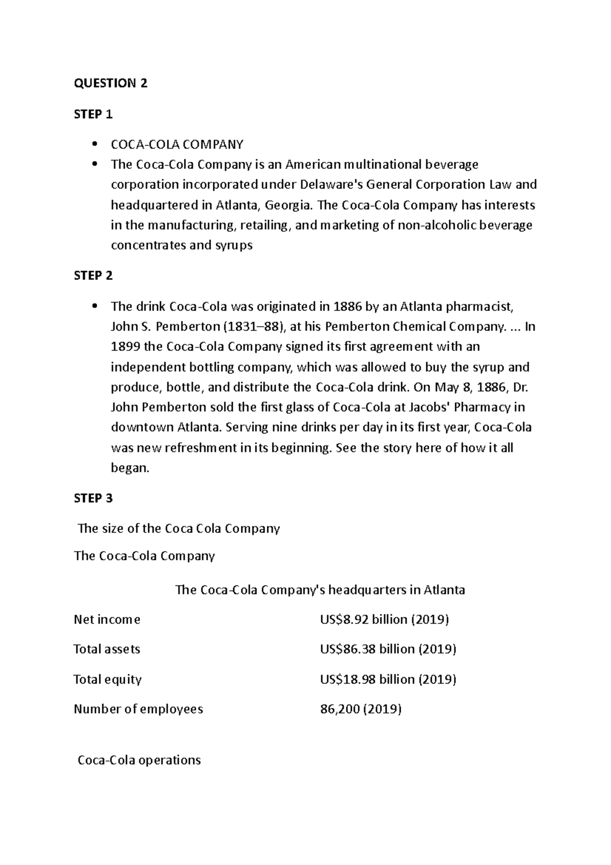 Question 3 economics - STUDY - QUESTION 2 STEP 1 COCA-COLA COMPANY The ...
