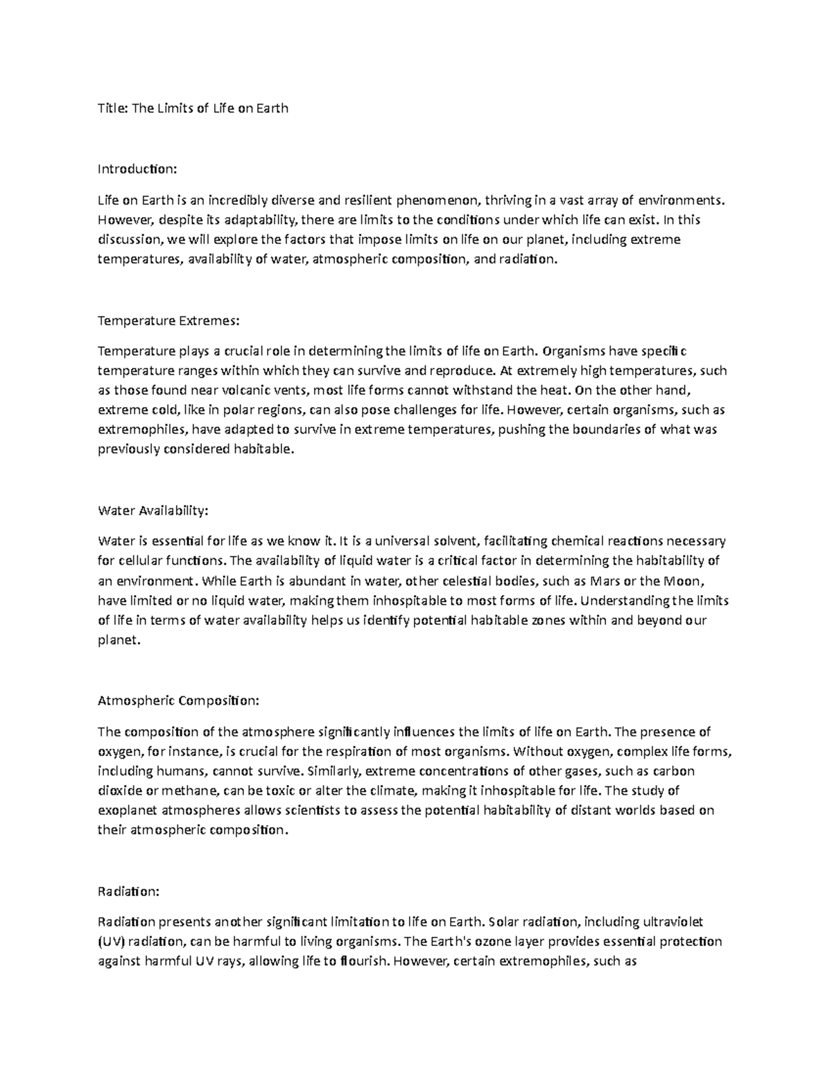 Limits of life on Earth - Title: The Limits of Life on Earth ...