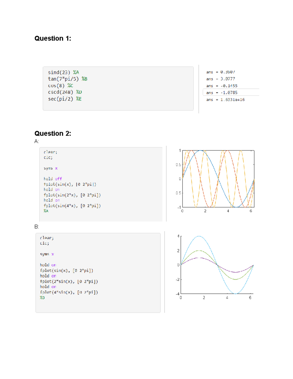 Matlab Homework 2 Answer Esg 162 Question 1 Question 2 A B C D C D Question 4 A