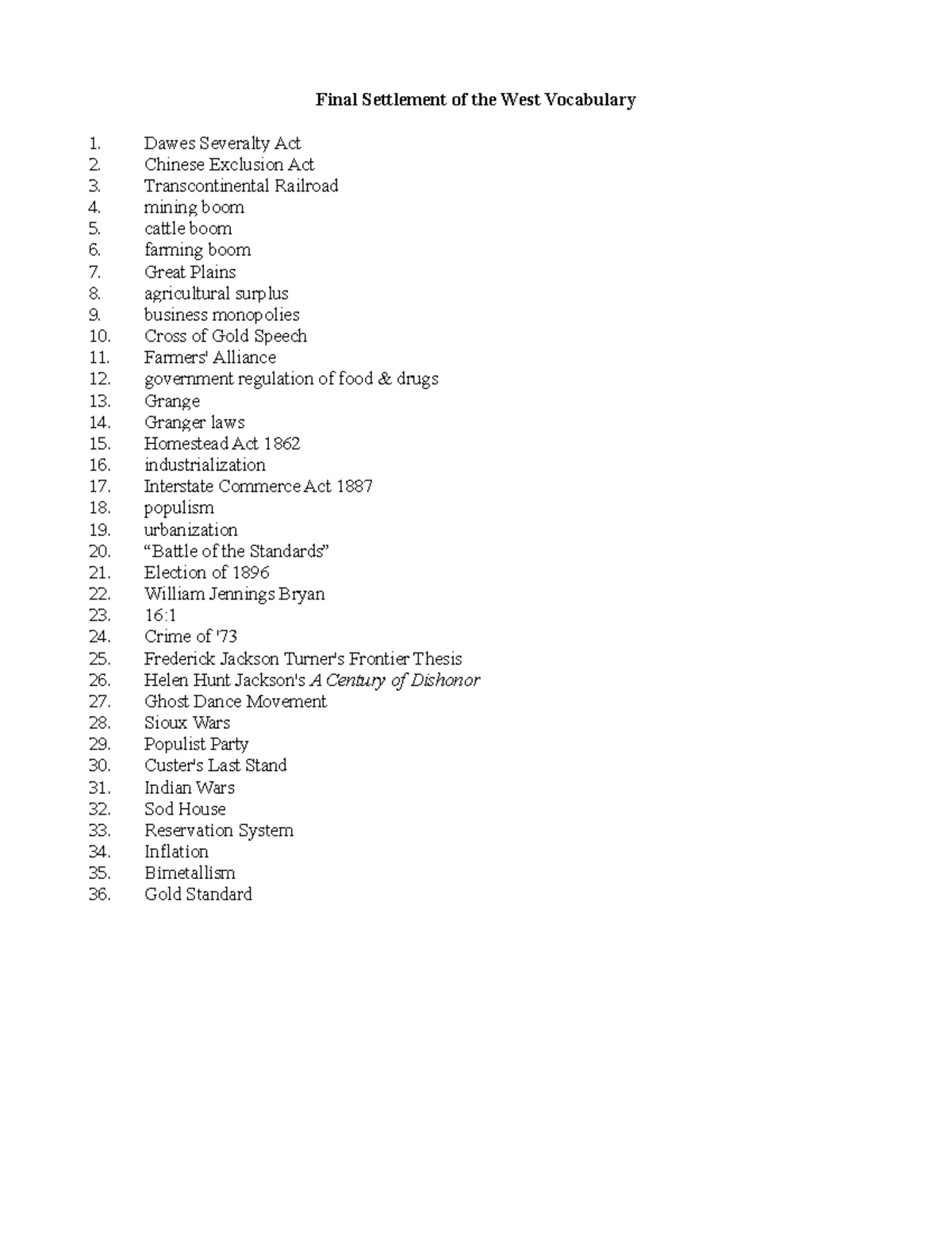 Final Settlement of the West Vocabulary - Studocu