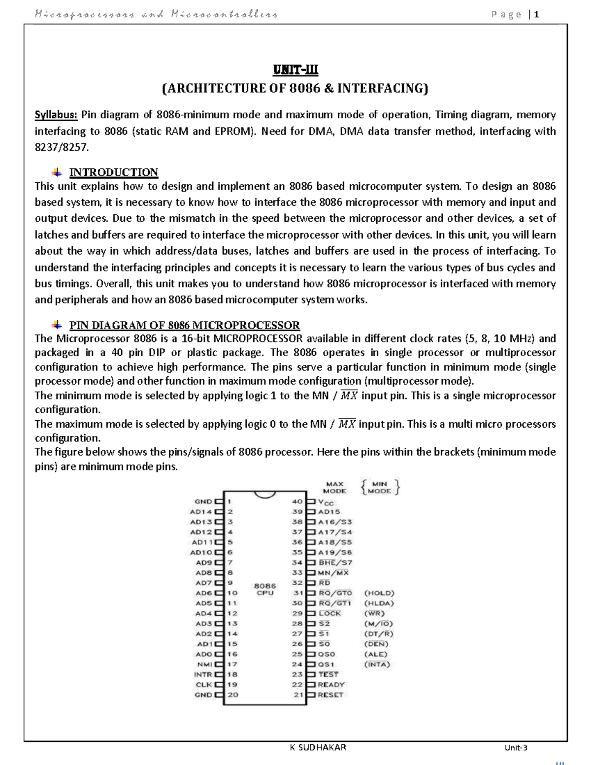 UNIT III Architecture OF 8086 and Interf - UNIT-III (ARCHITECTURE OF 8086 & INTERFACING) - Studocu