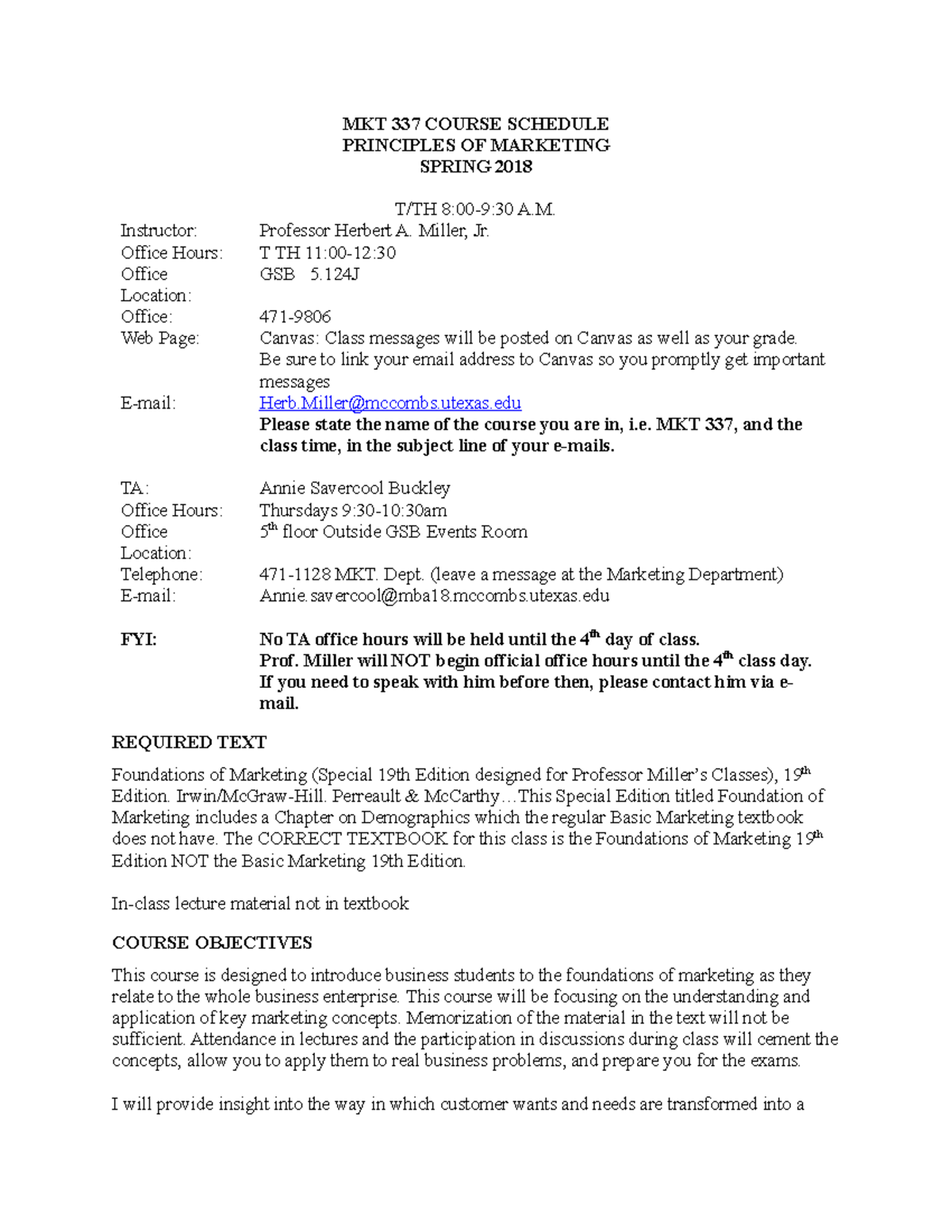 MKT 337 SPRi NG 2018 Syllabus - MKT 337 COURSE SCHEDULE PRINCIPLES OF MARKETING SPRING 2018 ...