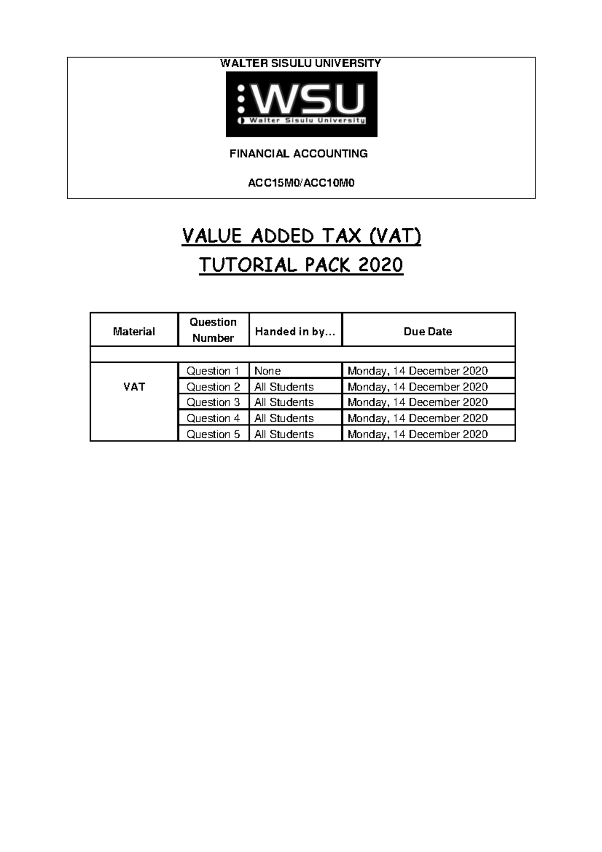 VAT 2020 Tutorial questions - WALTER SISULU UNIVERSITY FINANCIAL ...