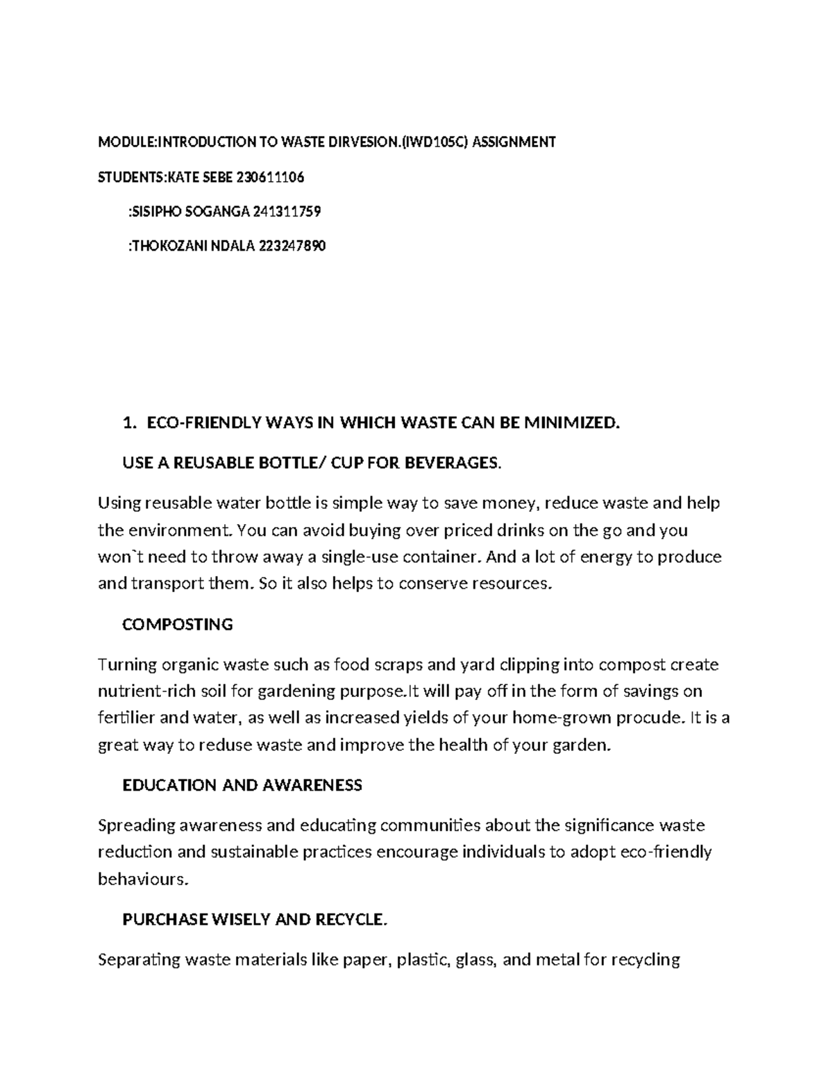Assignment IWD - MODULE:INTRODUCTION TO WASTE DIRVESION.(IWD105C ...