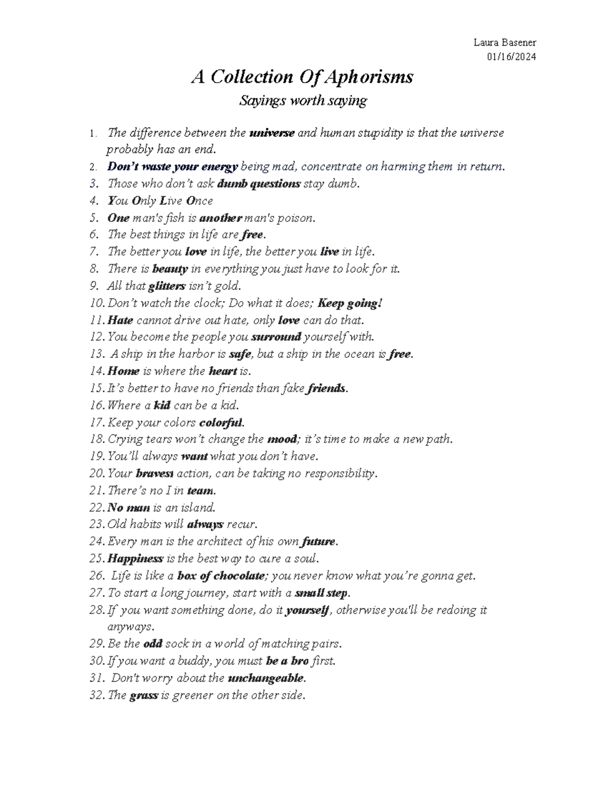 A Collection of Aphorisms - Laura Basener 01/16/ A Collection Of ...