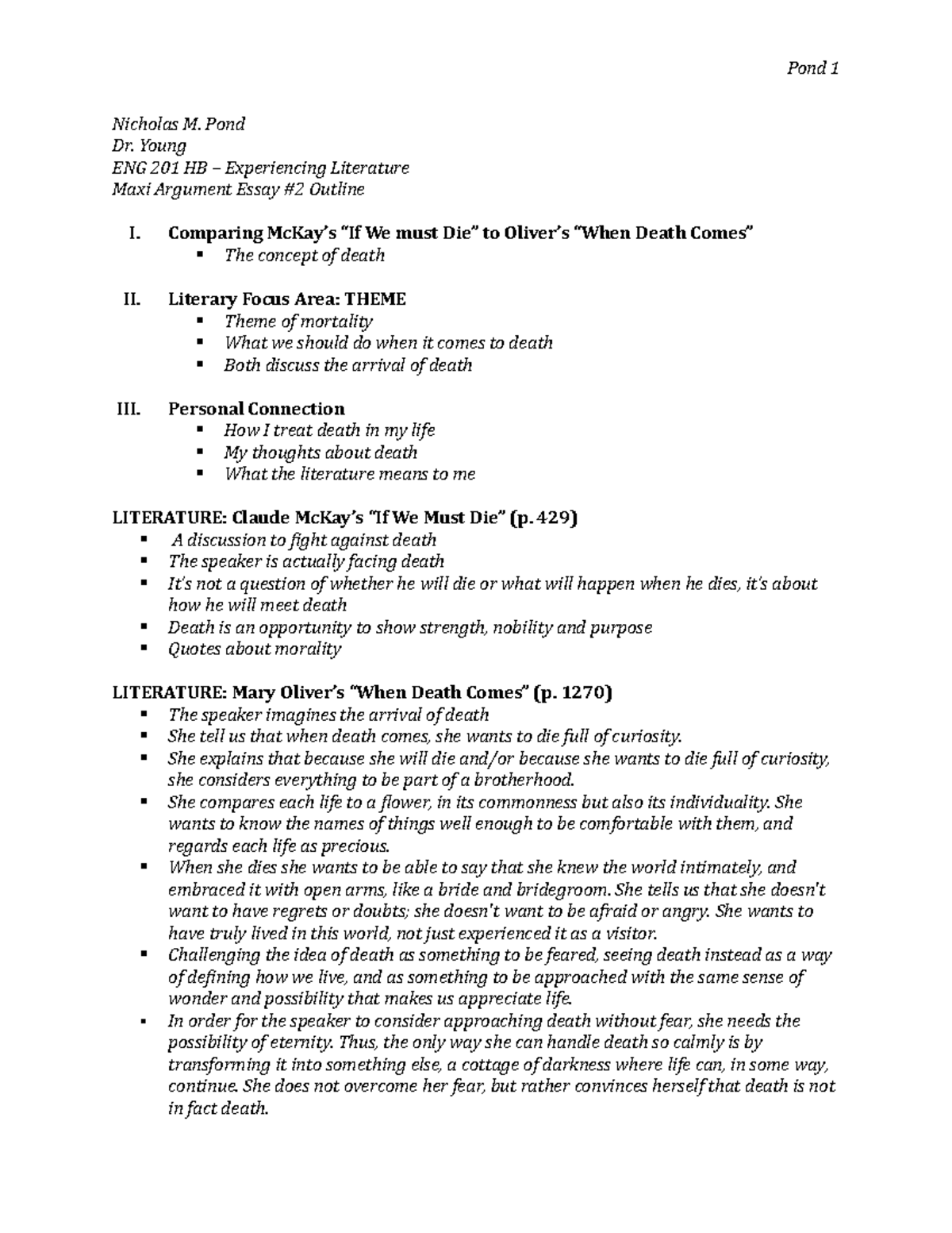 Second Maxi Outline - I. Comparing McKay’s “If We Must Die” to Oliver’s ...