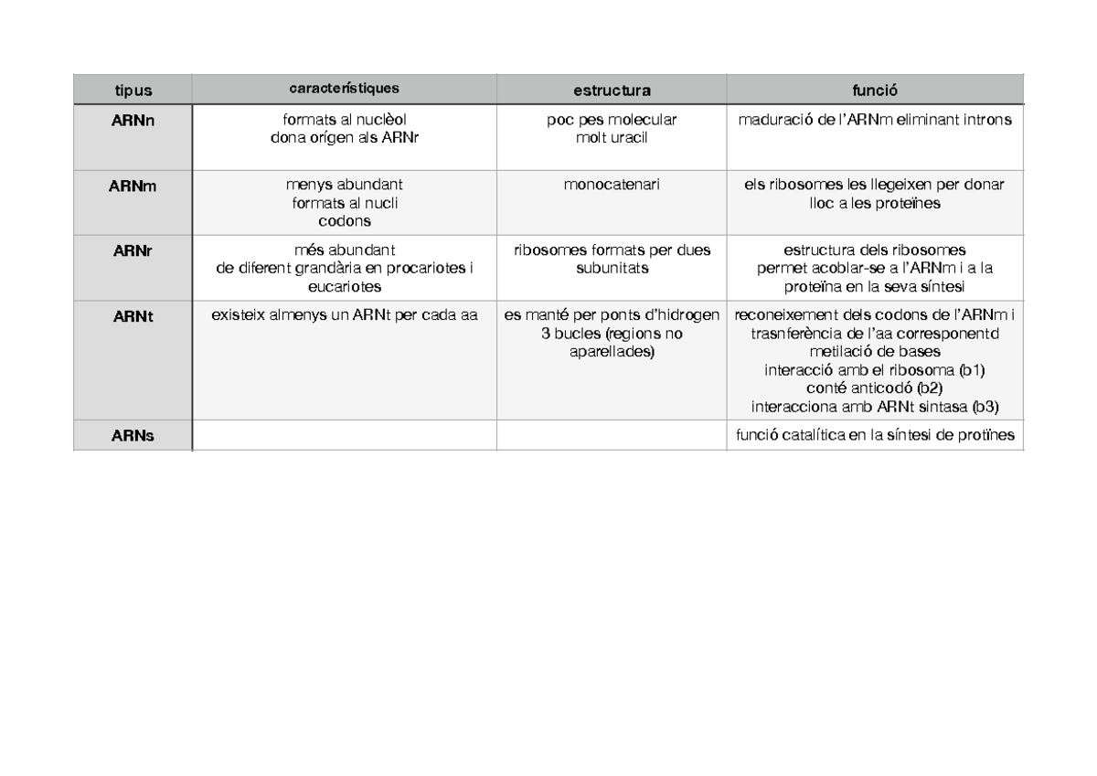 Esquema ARN - tipus característiques estructura funció ARNn formats al ...