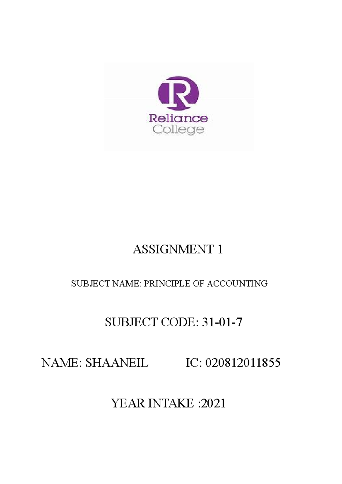Assignment 1 accounting - SUBJECT NAME: PRINCIPLE OF ACCOUNTING ...