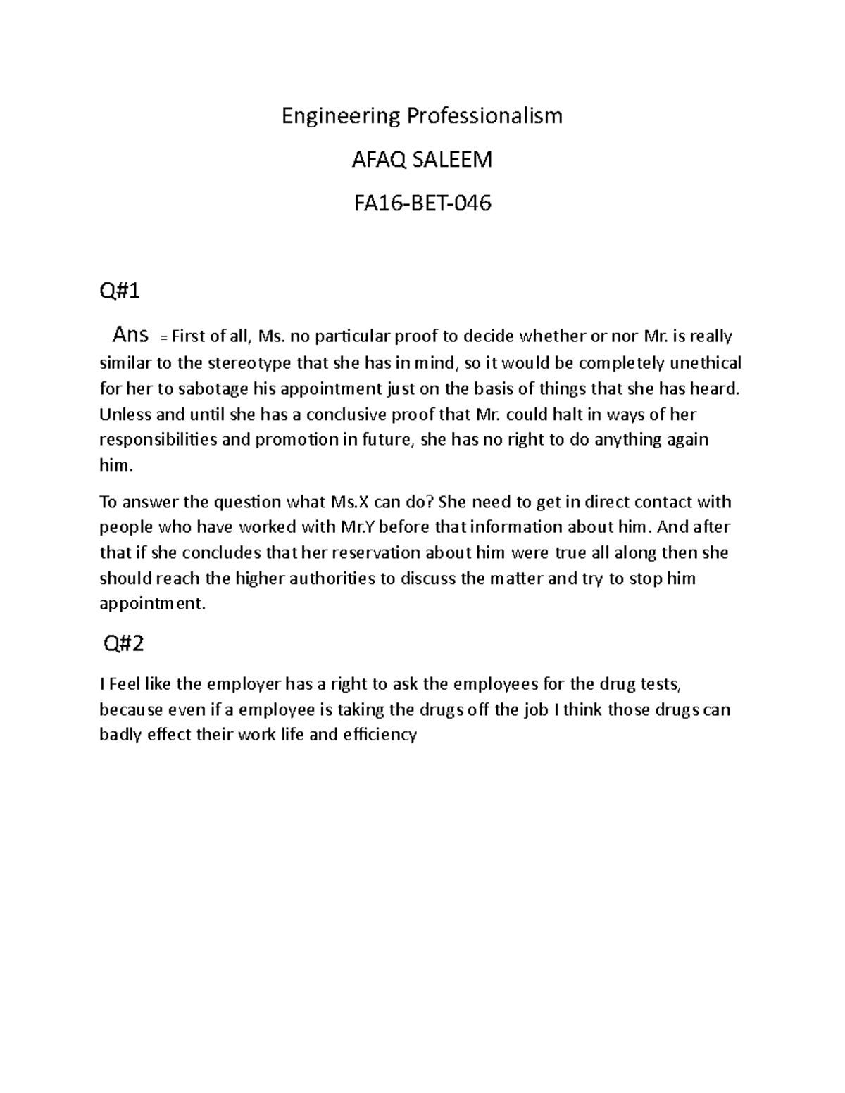 Engineering Professionalism Assingmeent # 3 - Engineering ...