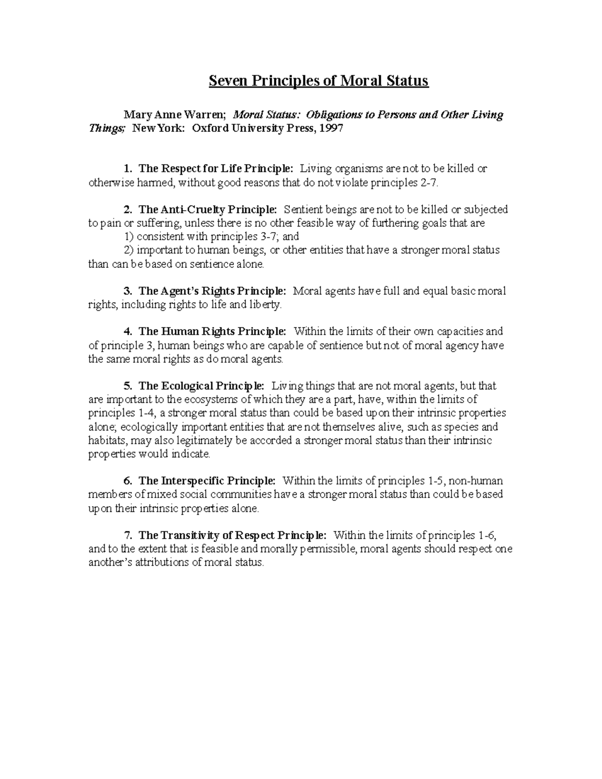 Moral Status Handout (Warren) - Seven Principles of Moral Status Mary ...