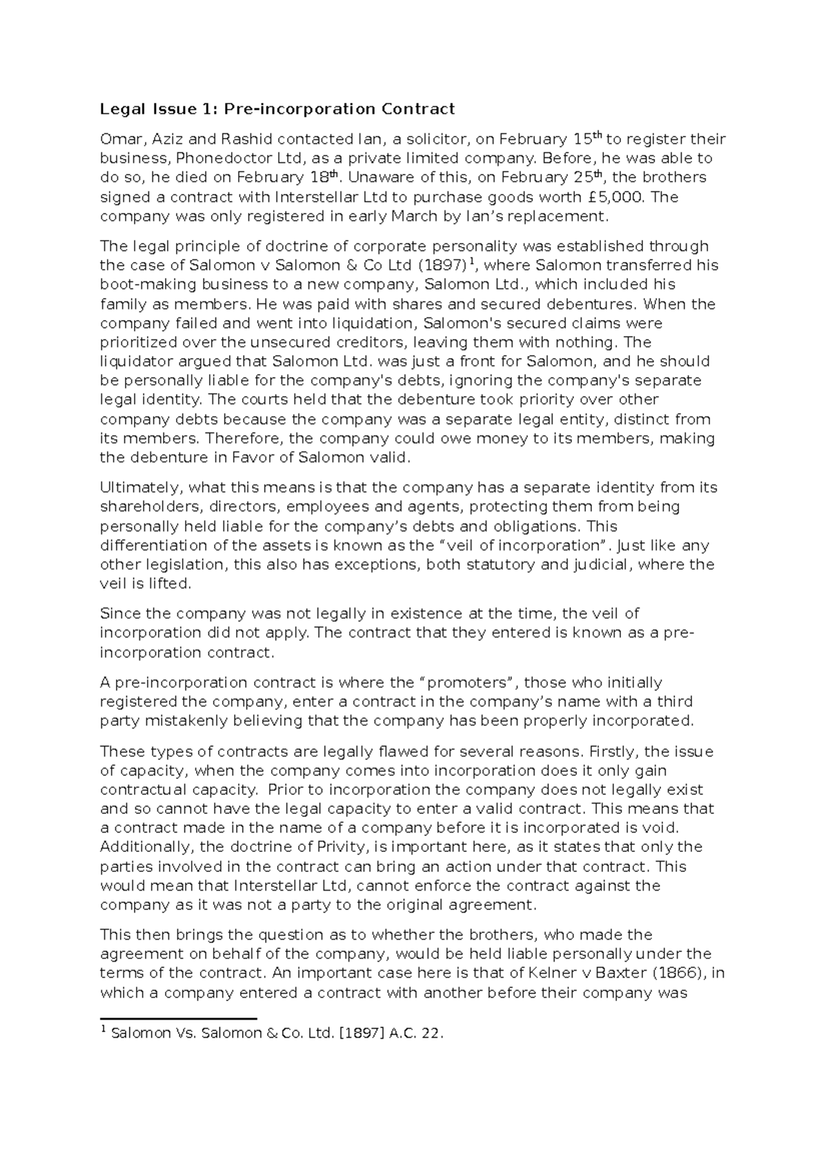 Notes for compnay issue 1 - Legal Issue 1: Pre-incorporation Contract ...