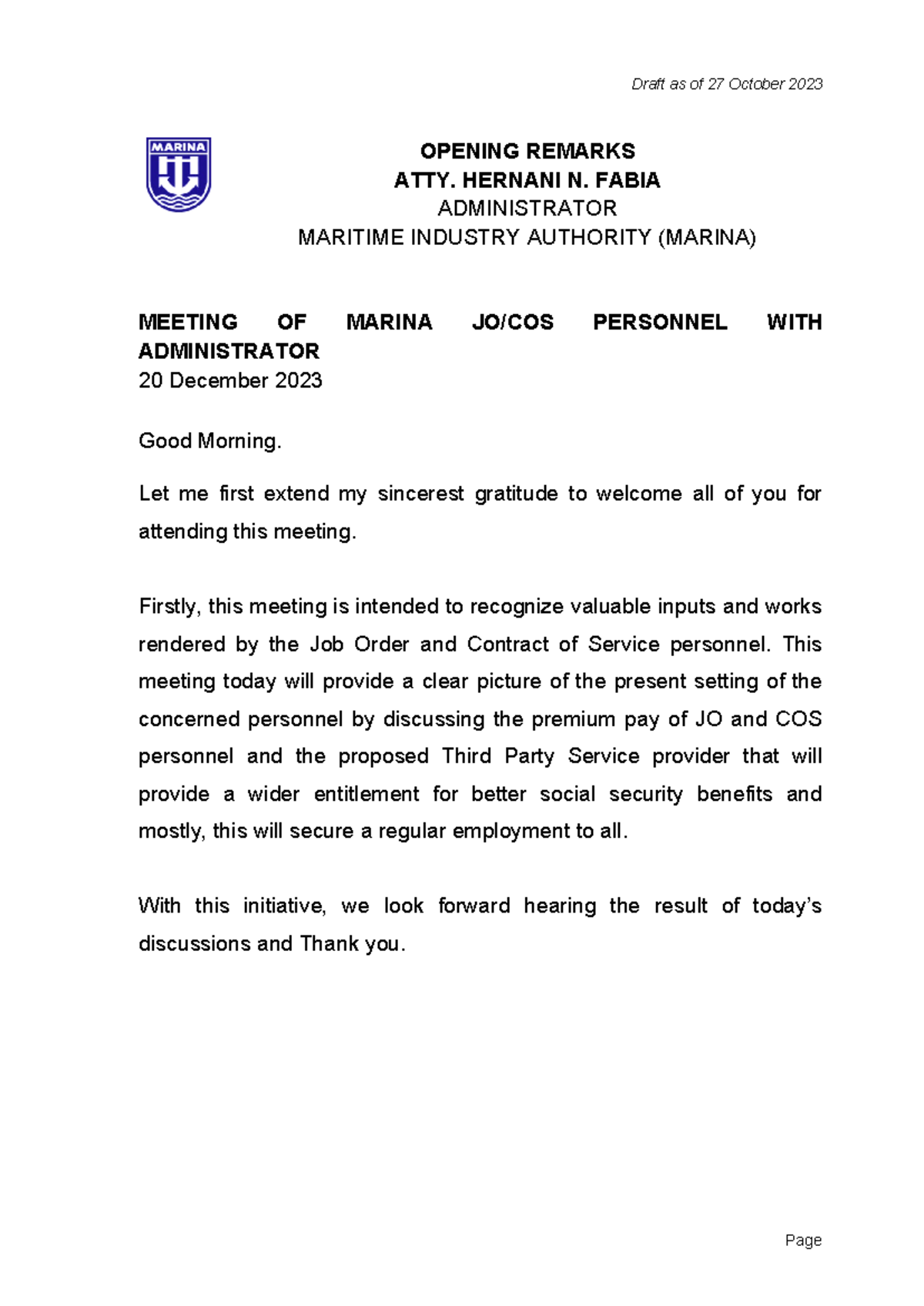 Opening Remarks on 20 Dec 2023 copy - Draft as of 27 October 2023 ...