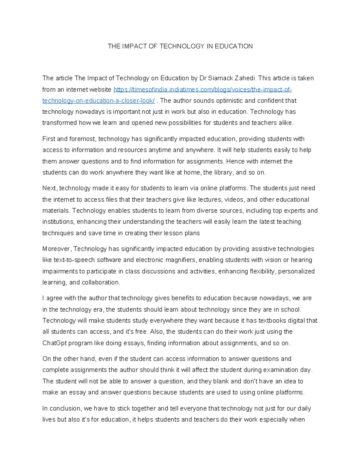 Argumentative essay ELC231 - THE IMPACT OF TECHNOLOGY IN EDUCATION The ...