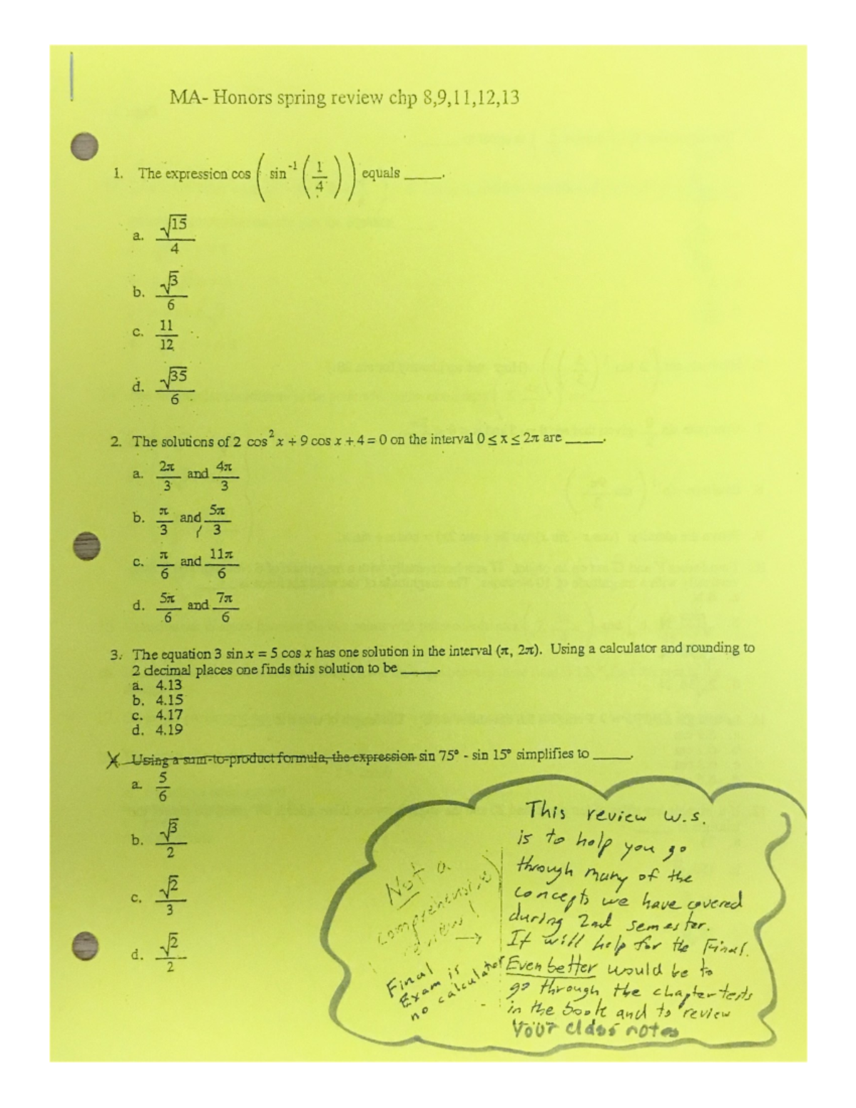 Hpc Spring Final Rev - Honors spring review chp 8,9,11,12,13 1. The ...