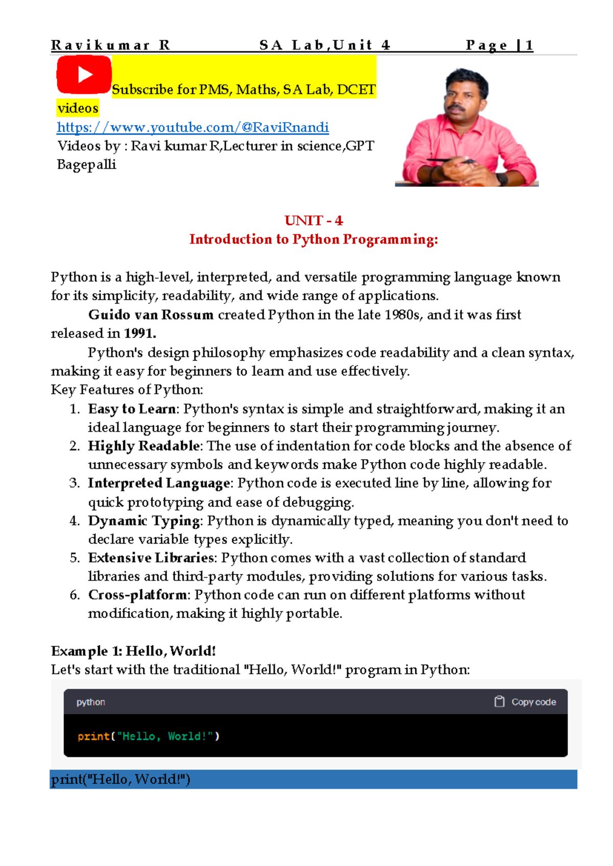 UNIT-4- Notes - it will be helpfuc - R a v i k u m a r R S A L a b , U ...