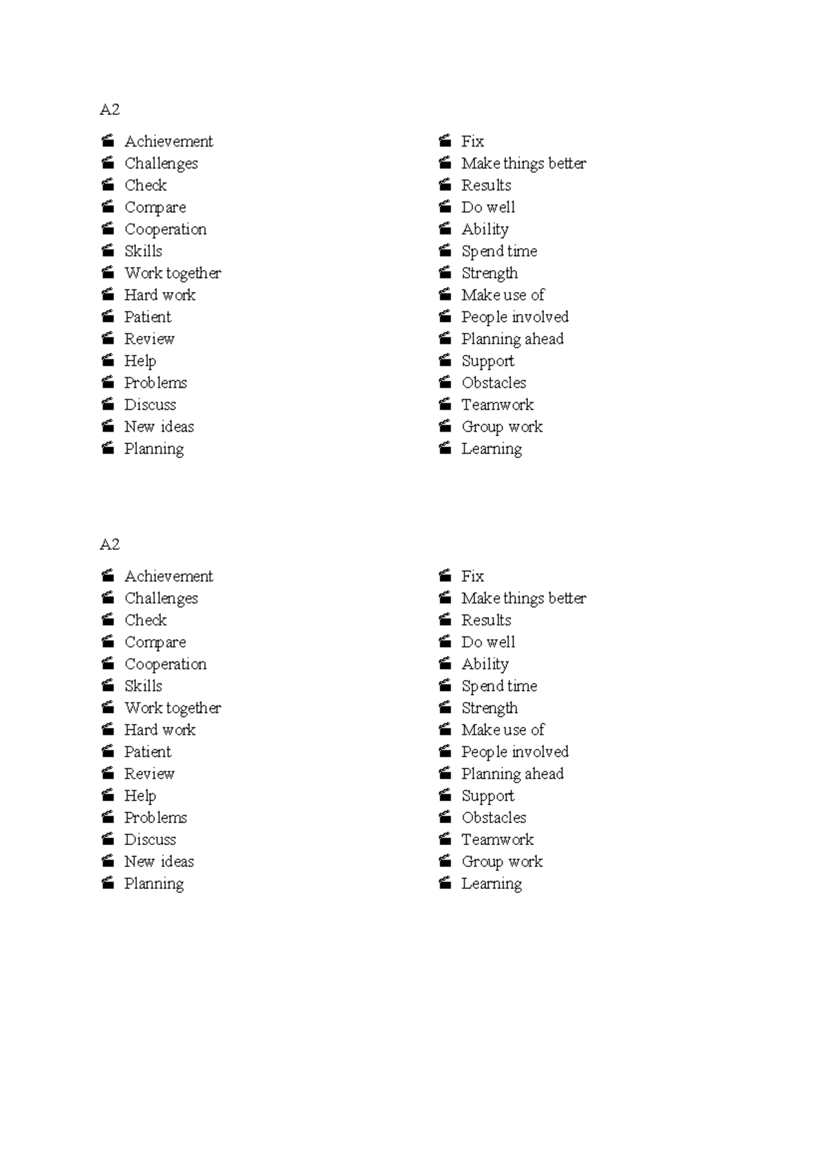 A2 - CEFR A2 WORD LIST - A Achievement Challenges Check Compare Cooperation Skills - Studocu
