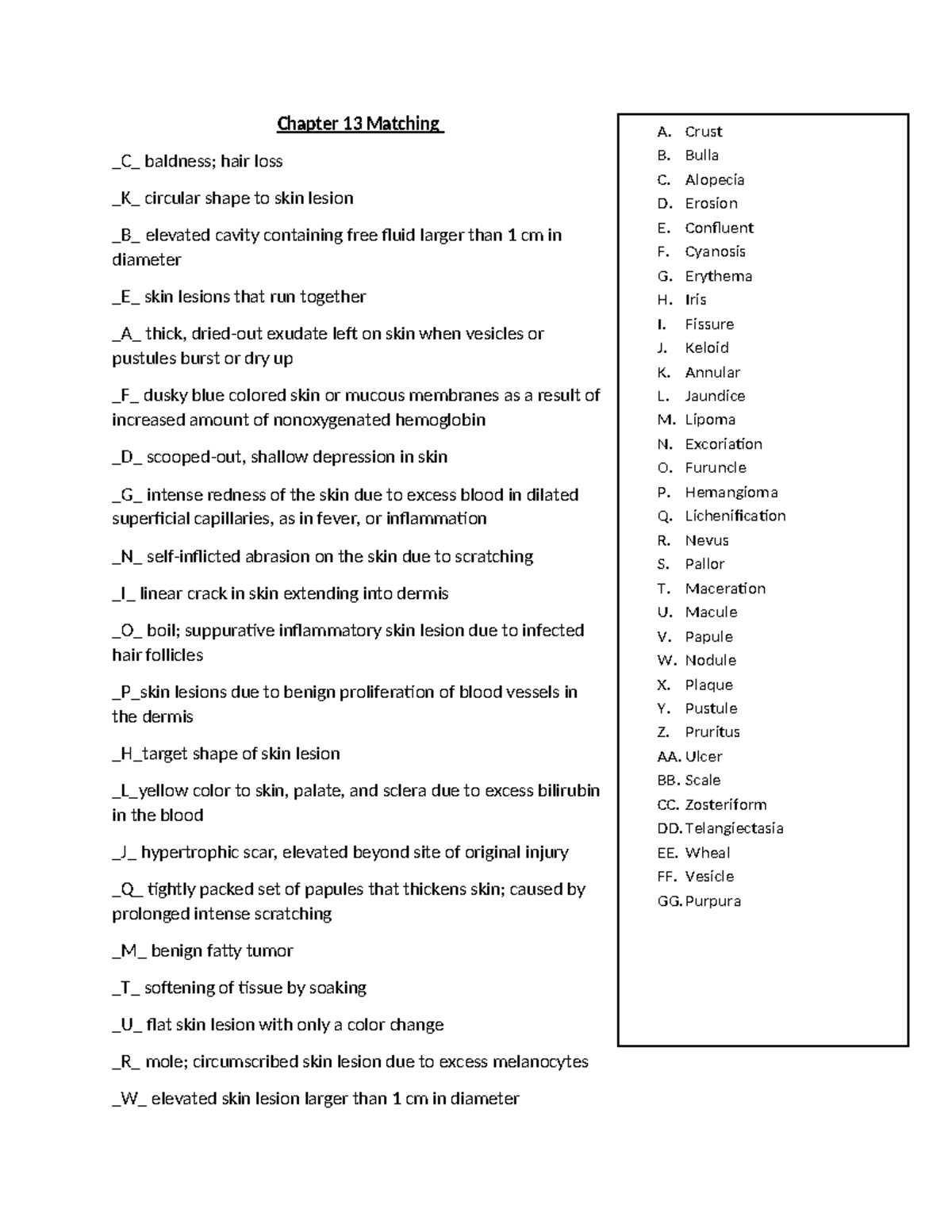 Chapter 13 Matching KEY - Chapter 13 Matching C baldness; hair loss K ...