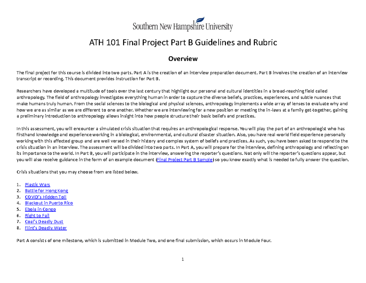 ATH 101 Final Project Part B Guidelines and Rubric - Part A is the creation of an interview ...