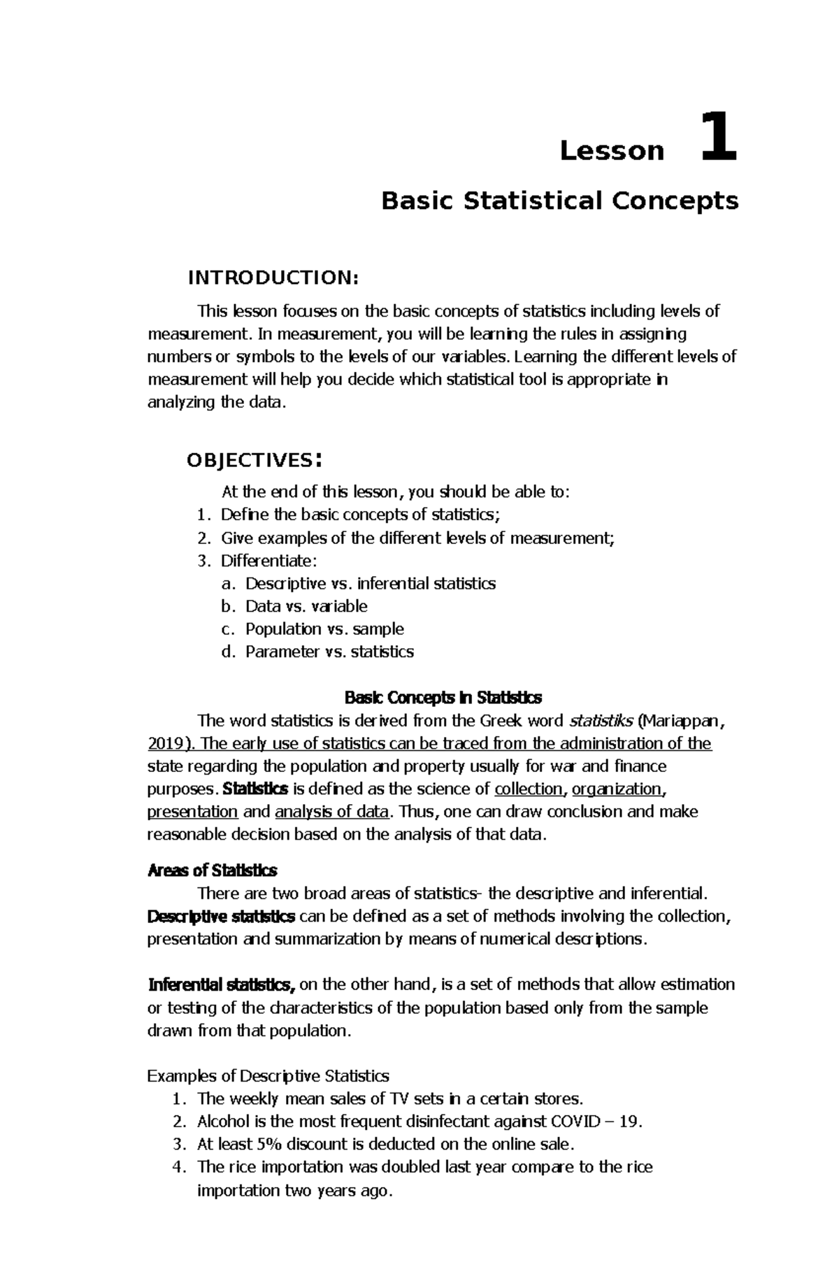 STATISTICAL METHOD - INTRODUCTION: OBJECTIVES: Lesson 1 Basic ...