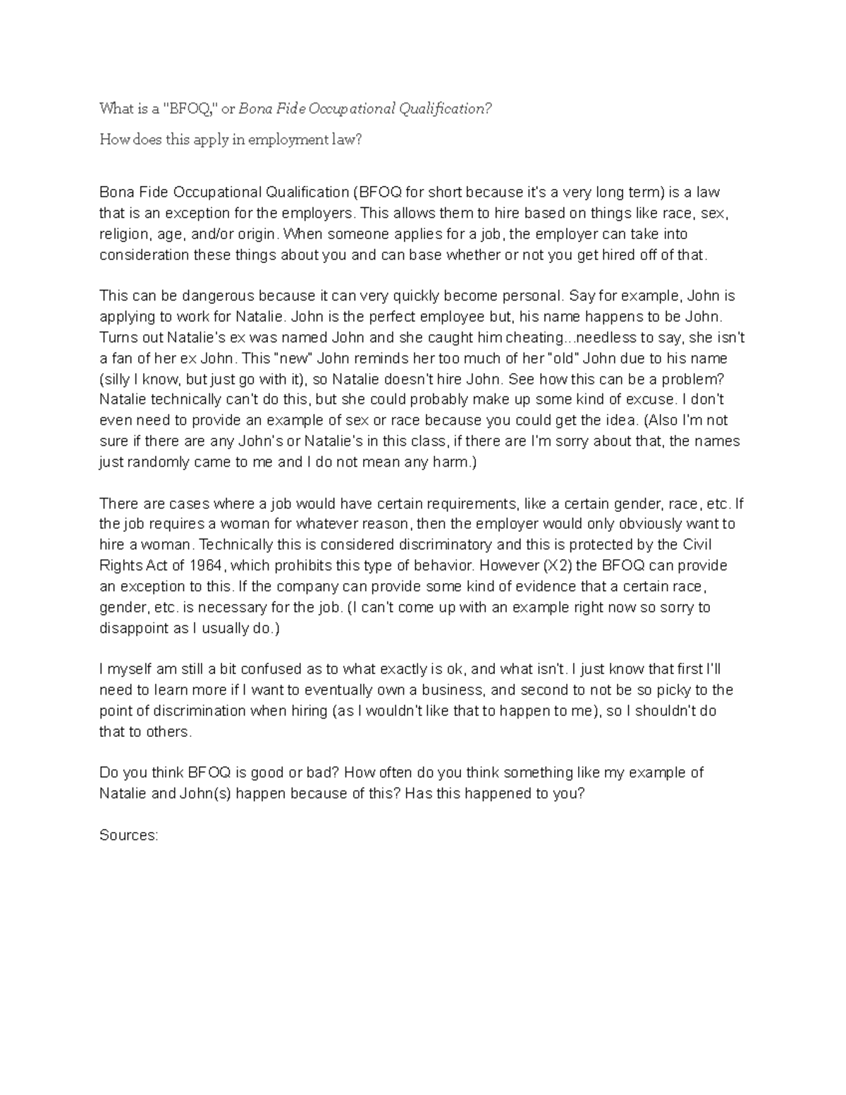 BLAW 200 Week 11 Initial Post - What is a "BFOQ," or Bona Fide ...