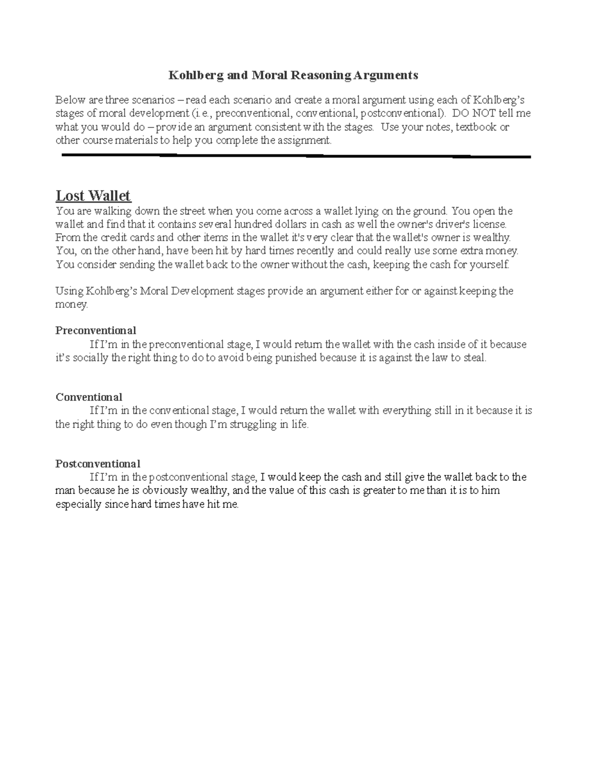 Kolberg Activity - Kohlberg and Moral Reasoning Arguments Below are ...