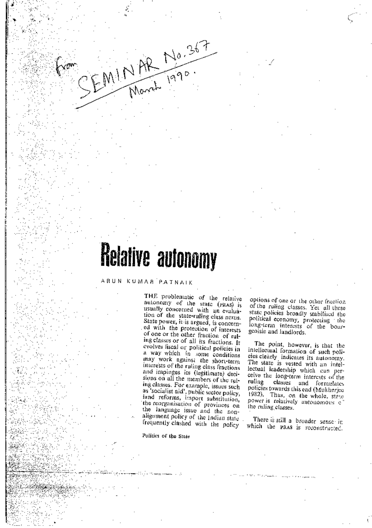 Relative Autonomy of the State - from SEMIN AR No 1990 March Relative ...