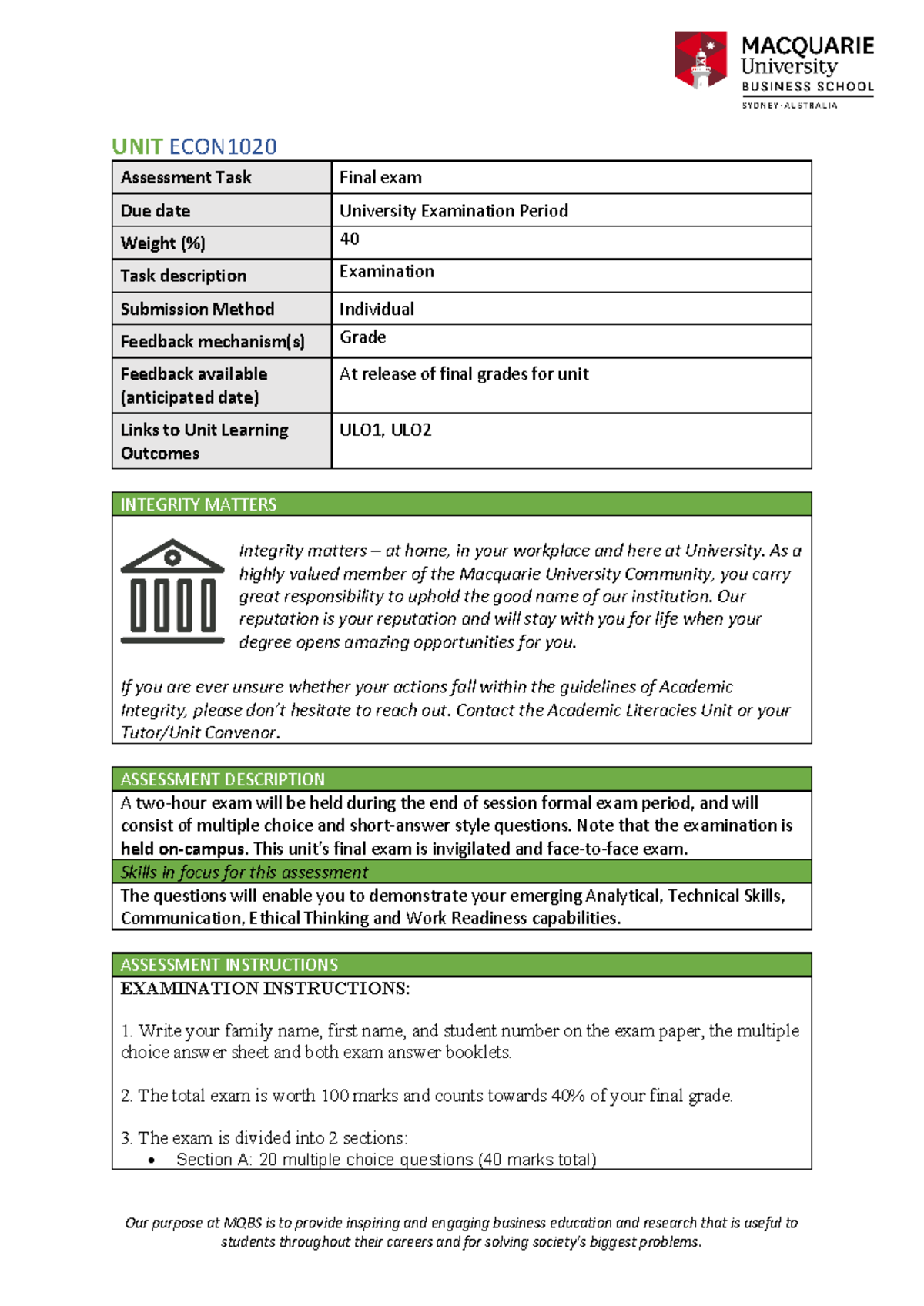 1020 Assessment Summary Final Exam - Our purpose at MQBS is to provide inspiring and engaging ...