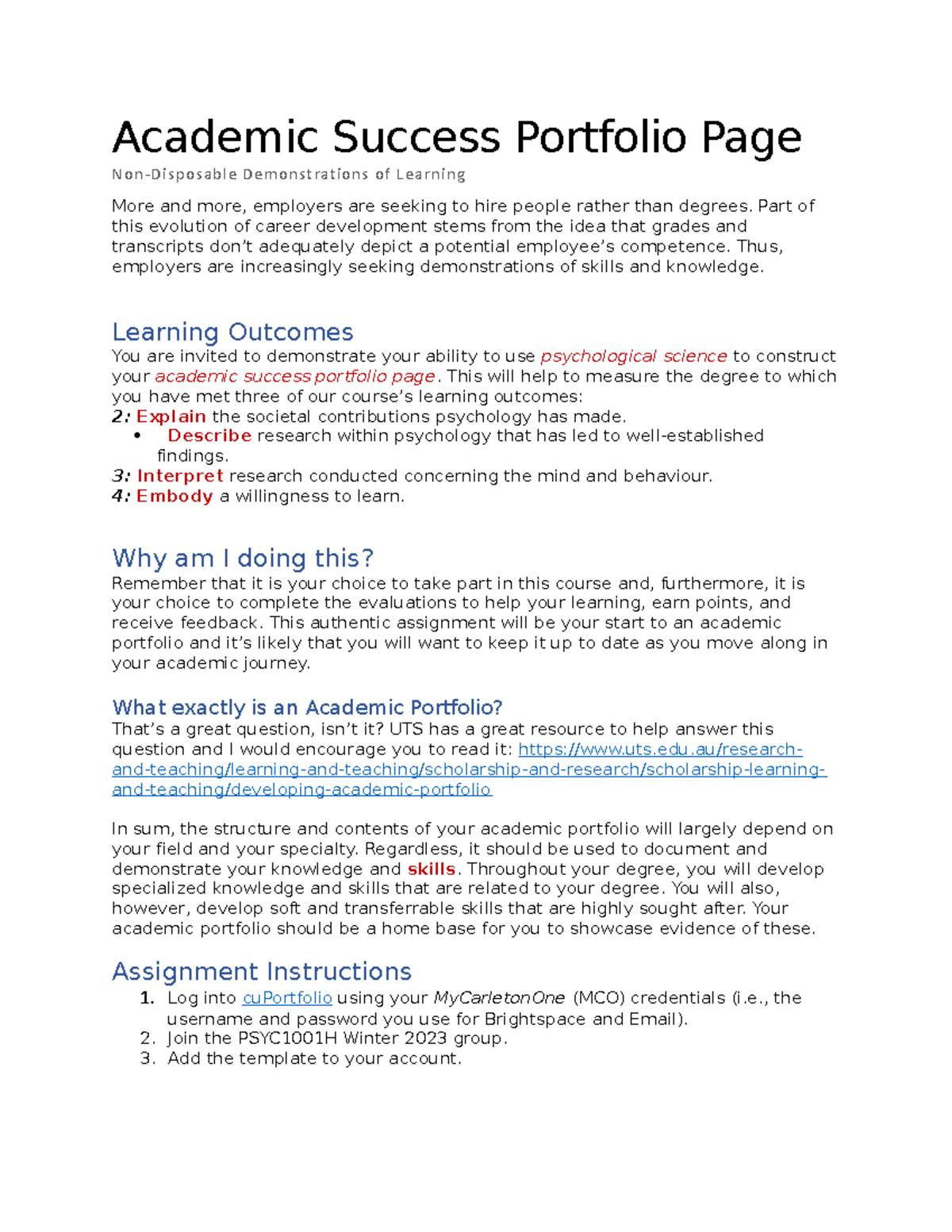Academic Success Portfolio Page Assignment Instructions - Academic ...