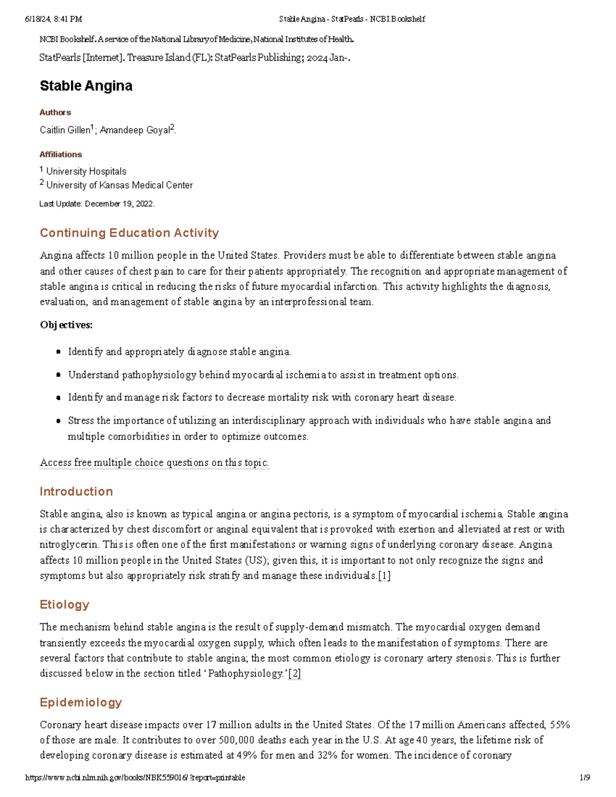 Stable Angina - Stat Pearls - NCBI Bookshelf - NCBI Bookshelf. A ...
