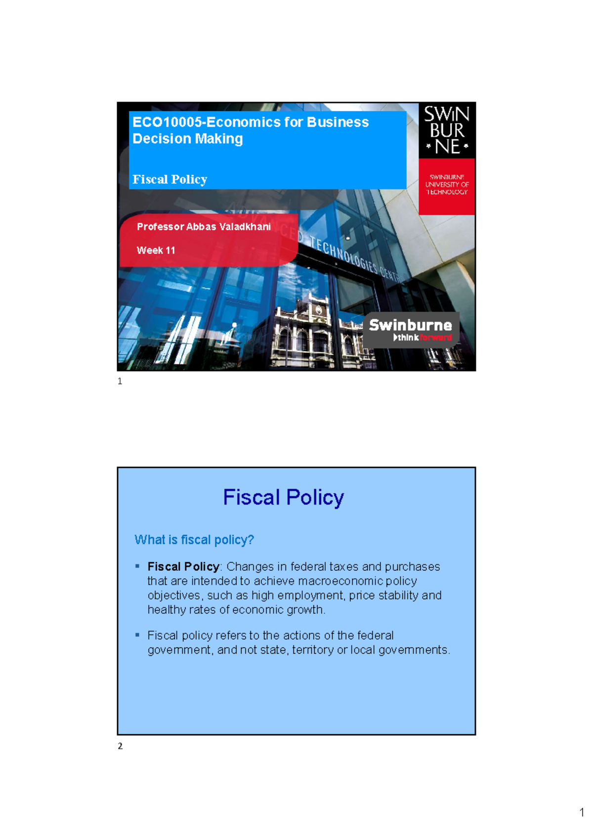 Lecture 11 Slides - hope you study well - ECO10005-Economics for ...