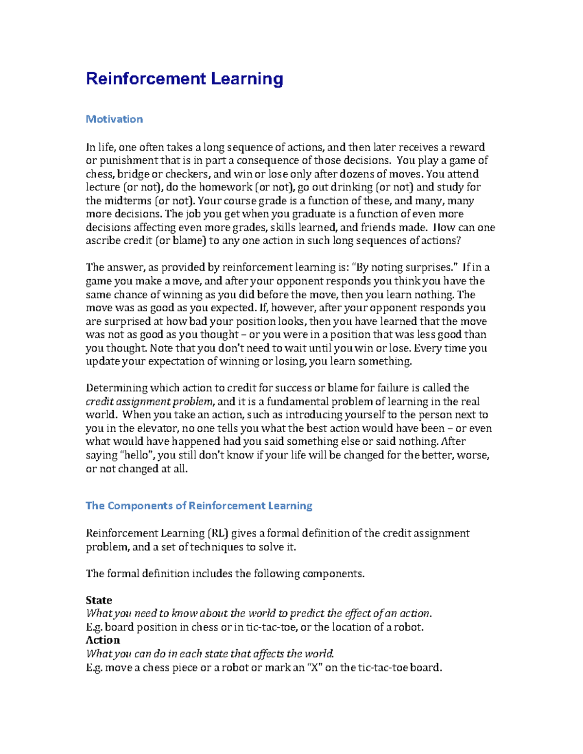 Reinforcement Learning Handout - Reinforcement Learning Motivation In ...