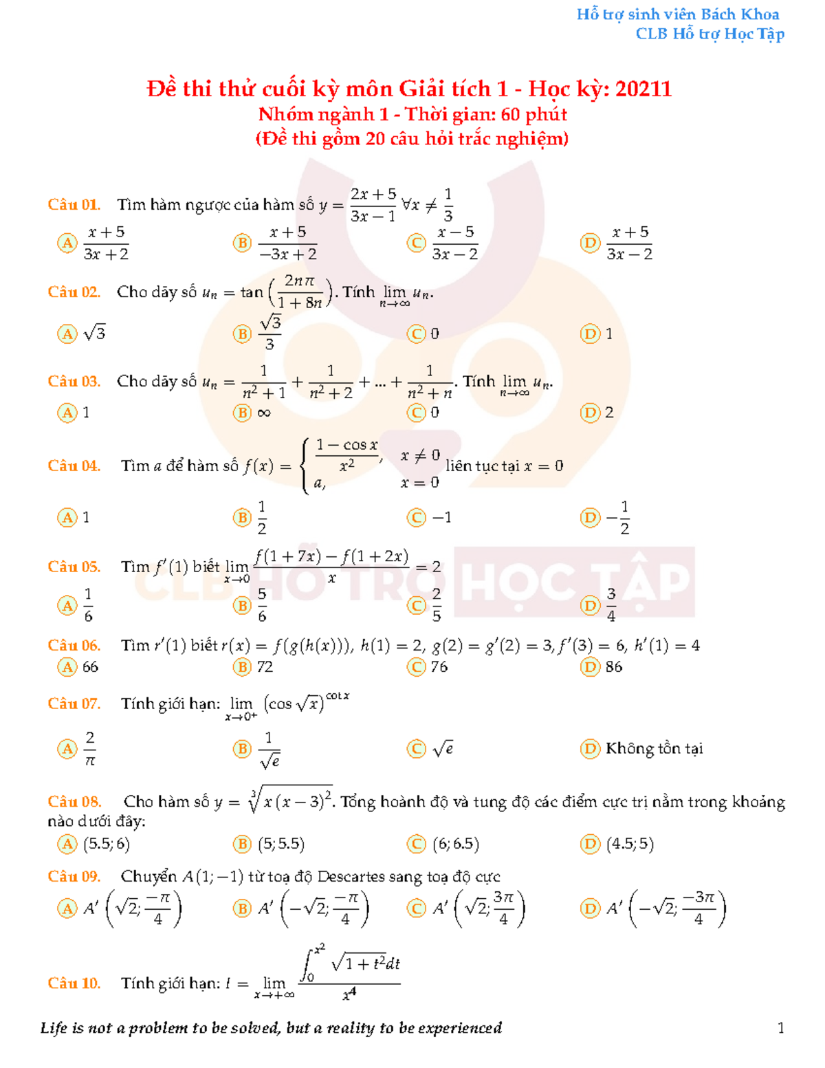 GT1-TUAN-2 - bài tậ chương 4 đai số đại học bách khoa - CLB Hỗ trợ Học Tập Đề thi thử cuối kỳ ...